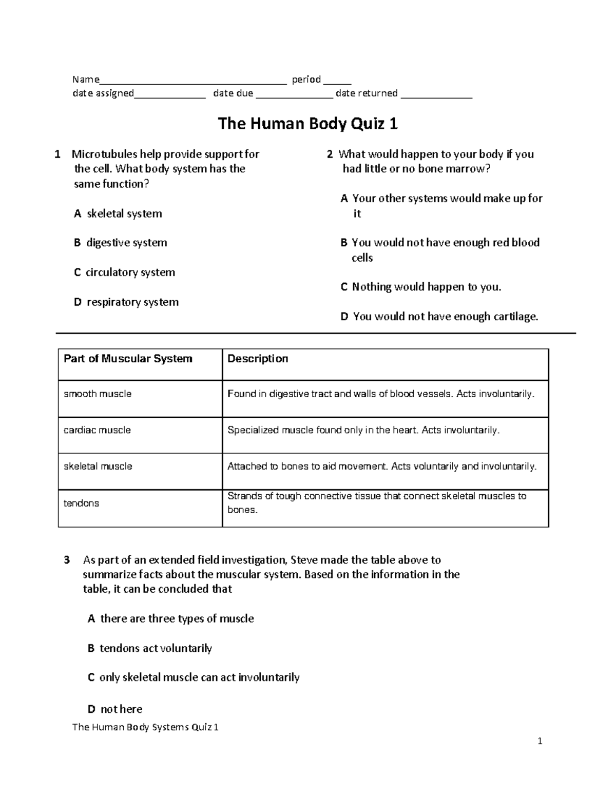 The Human Body Quiz None The Human Body Systems Quiz 1 Name The Human Body Quiz None The Human Body Systems Quiz 1 Name