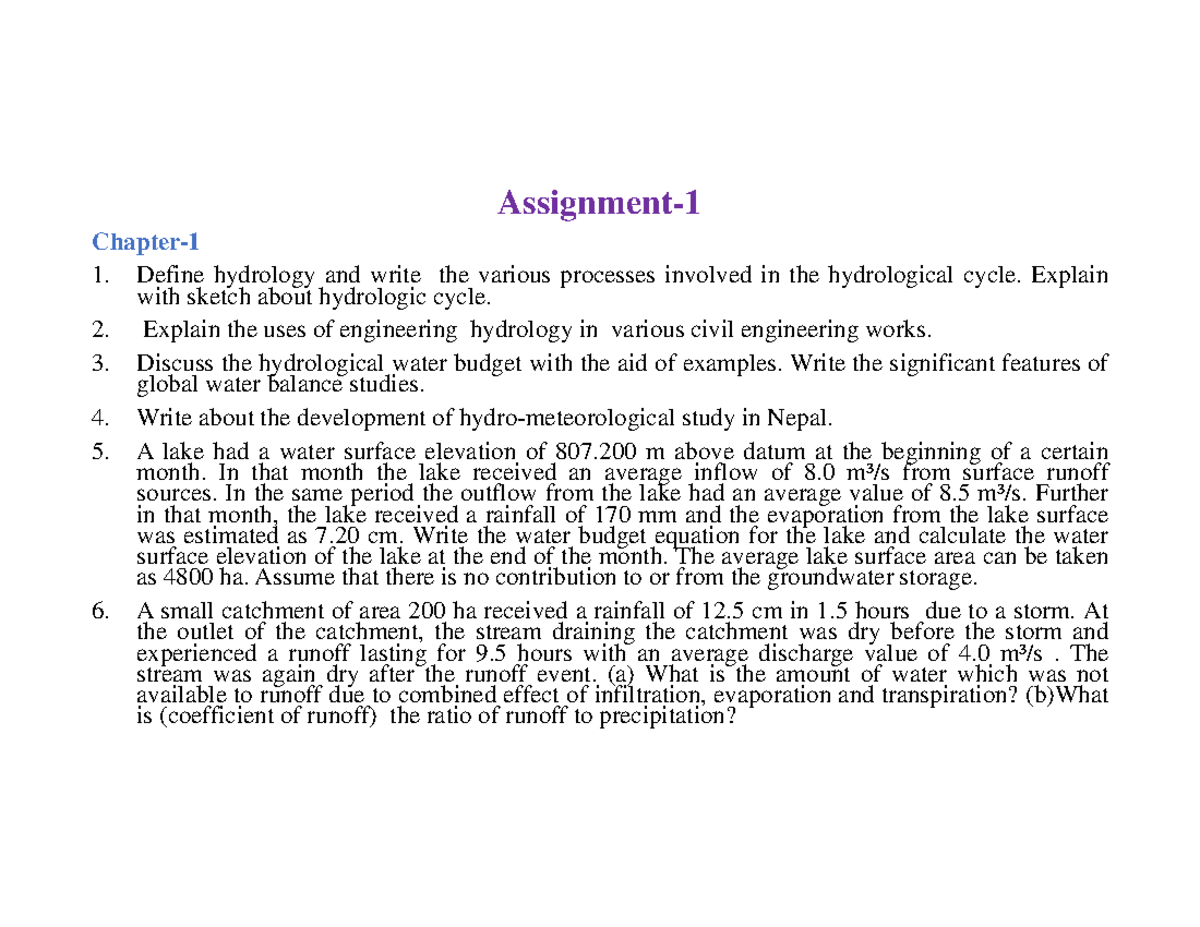 Hydrology -( Assignment-1) - Assignment- Chapter- Define hydrology and ...