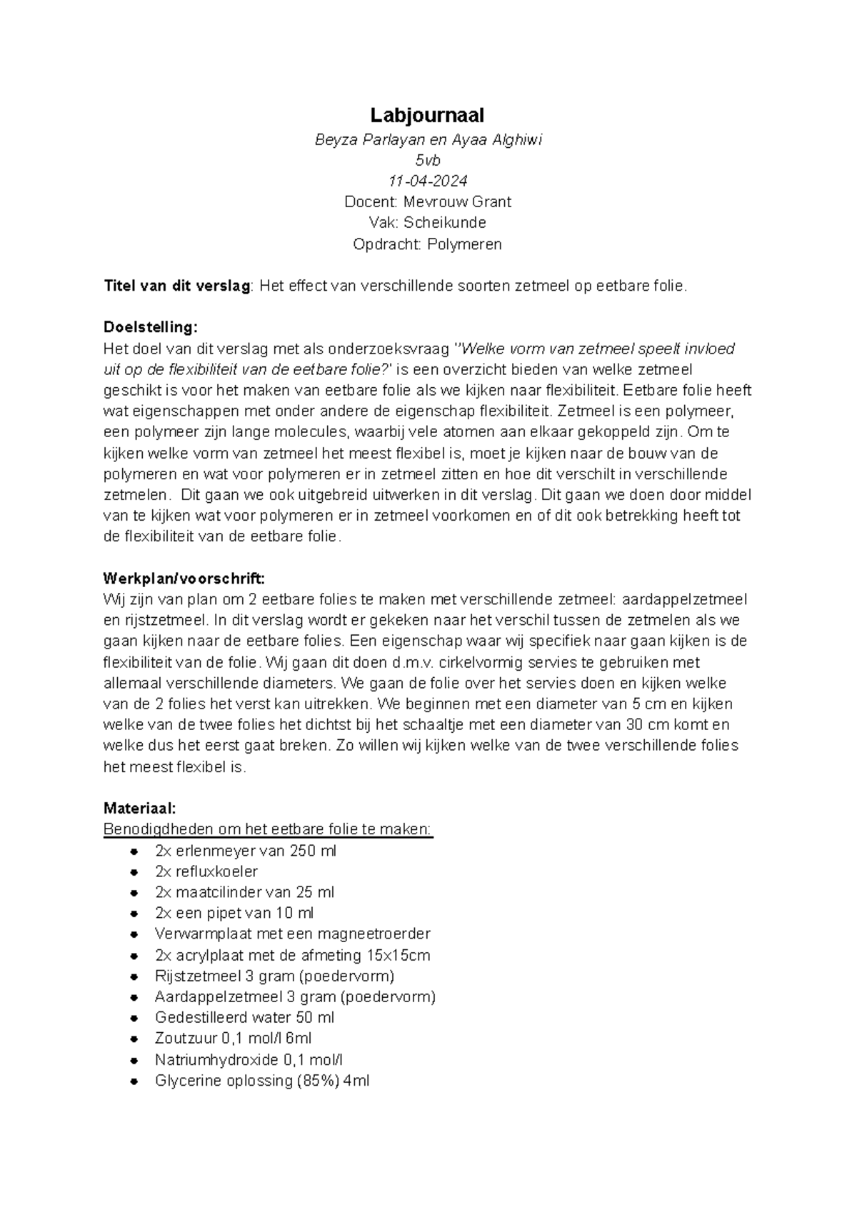 Scheikunde po eetbare folie maken - Labjournaal Beyza Parlayan en Ayaa ...