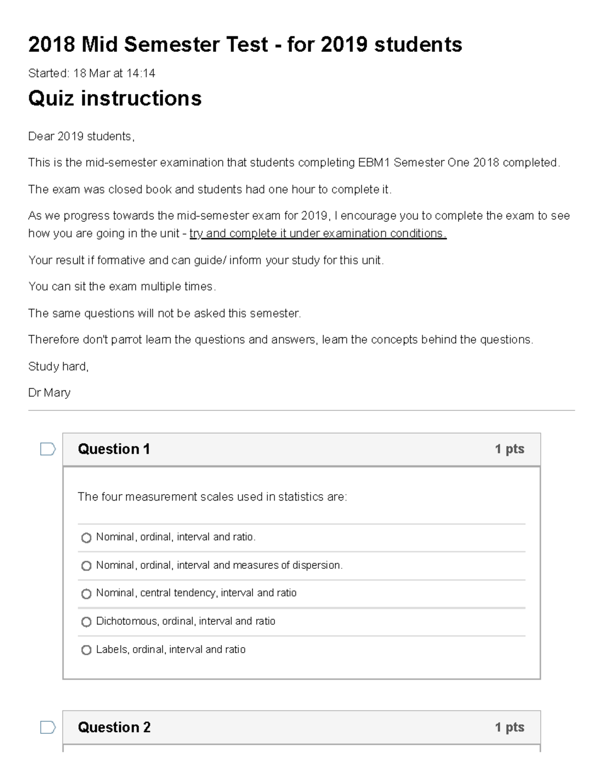 Quiz 2018 Mid Semester Test 2- for 2019 students - 2018 Mid Semester ...