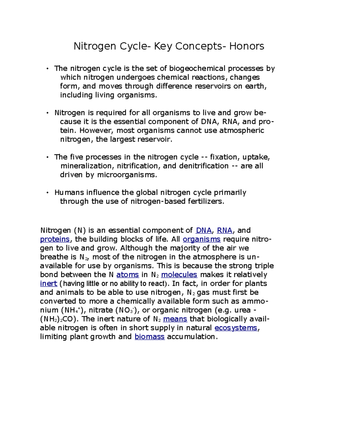 Nutrient cycle information honors - Nitrogen Cycle- Key Concepts ...