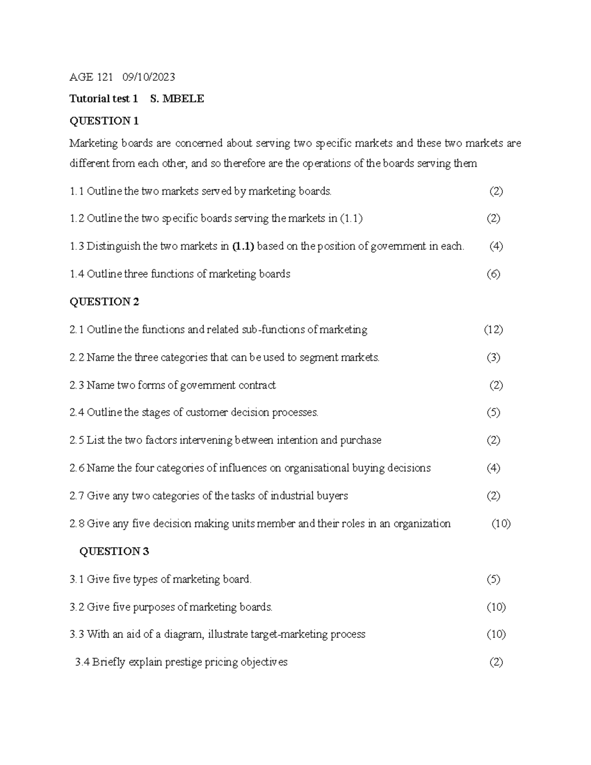 AGE 121 PRE TEST 1 - tutorial - AGE 121 09/10/ Tutorial test 1 S. MBELE ...