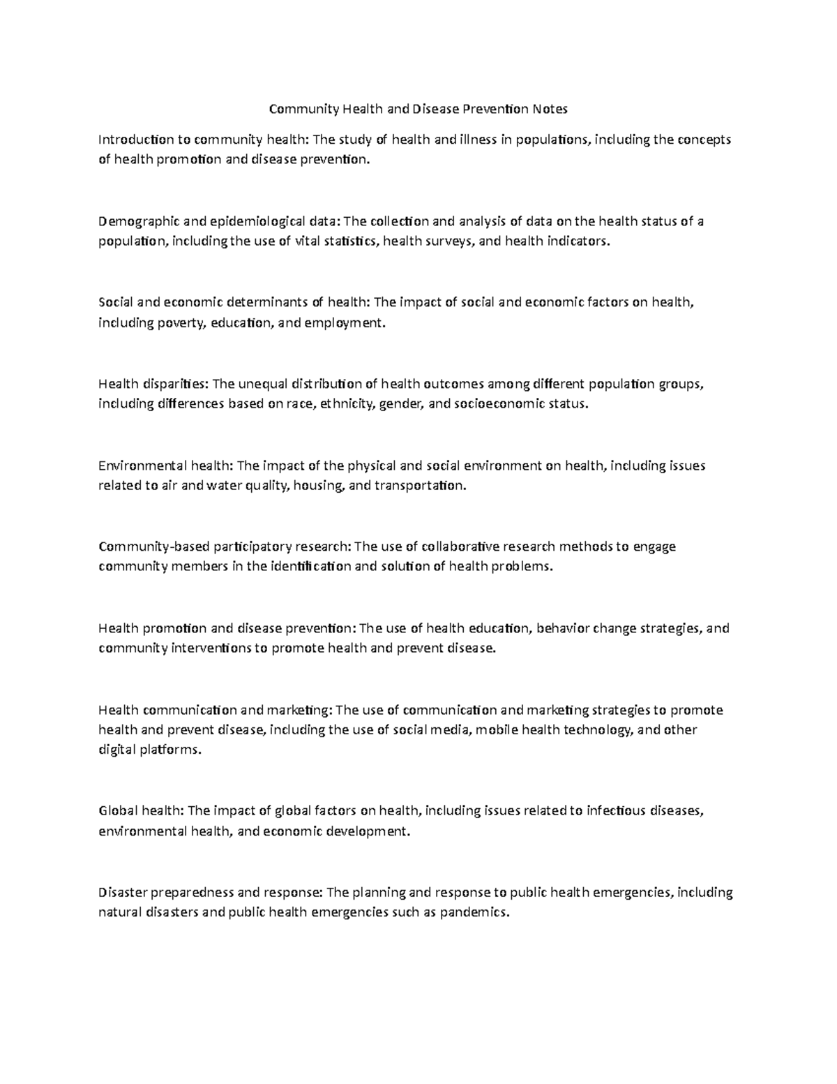 Community Health and Disease Prevention Notes - Introduction to ...