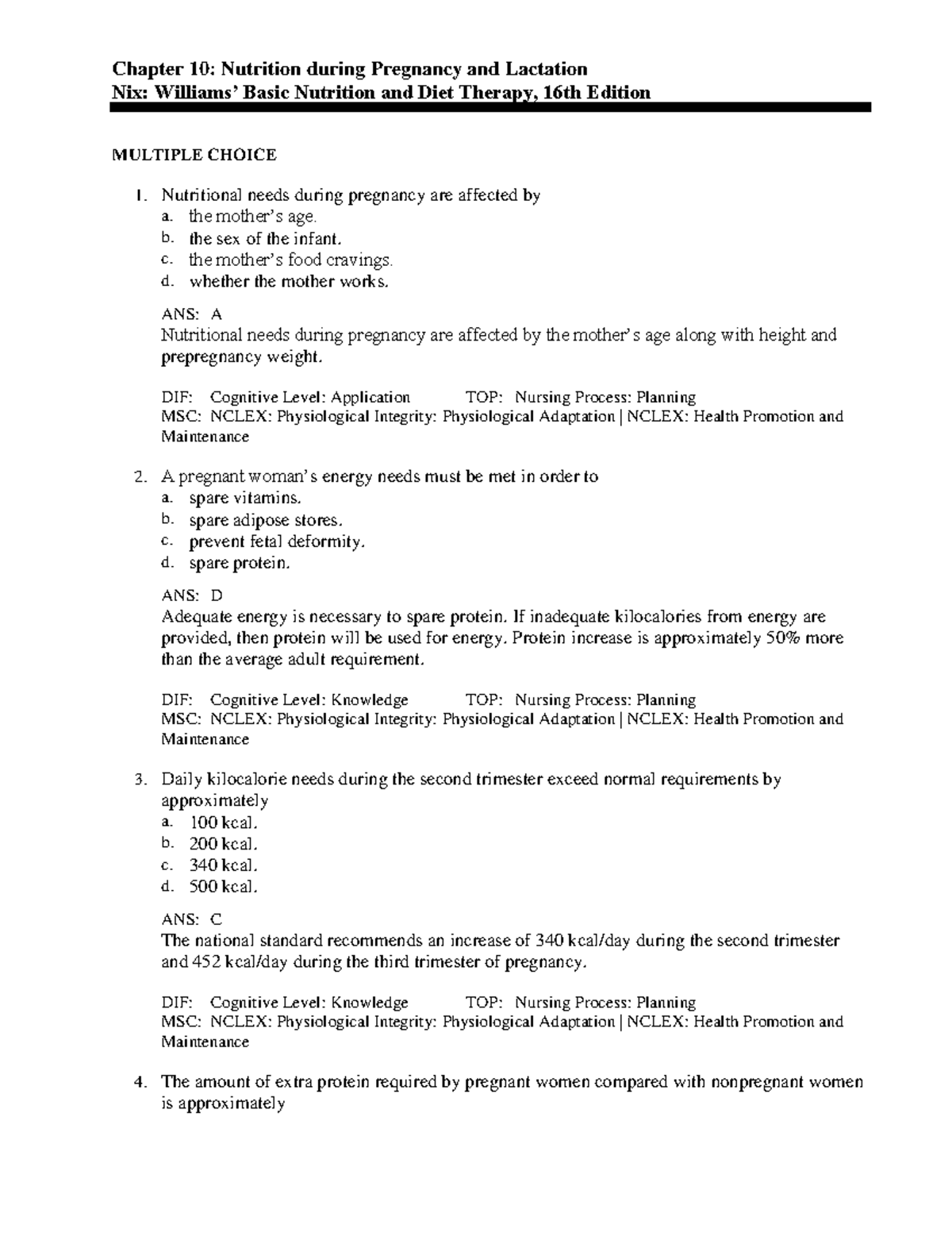 10 - notes - Chapter 10: Nutrition during Pregnancy and Lactation Nix ...