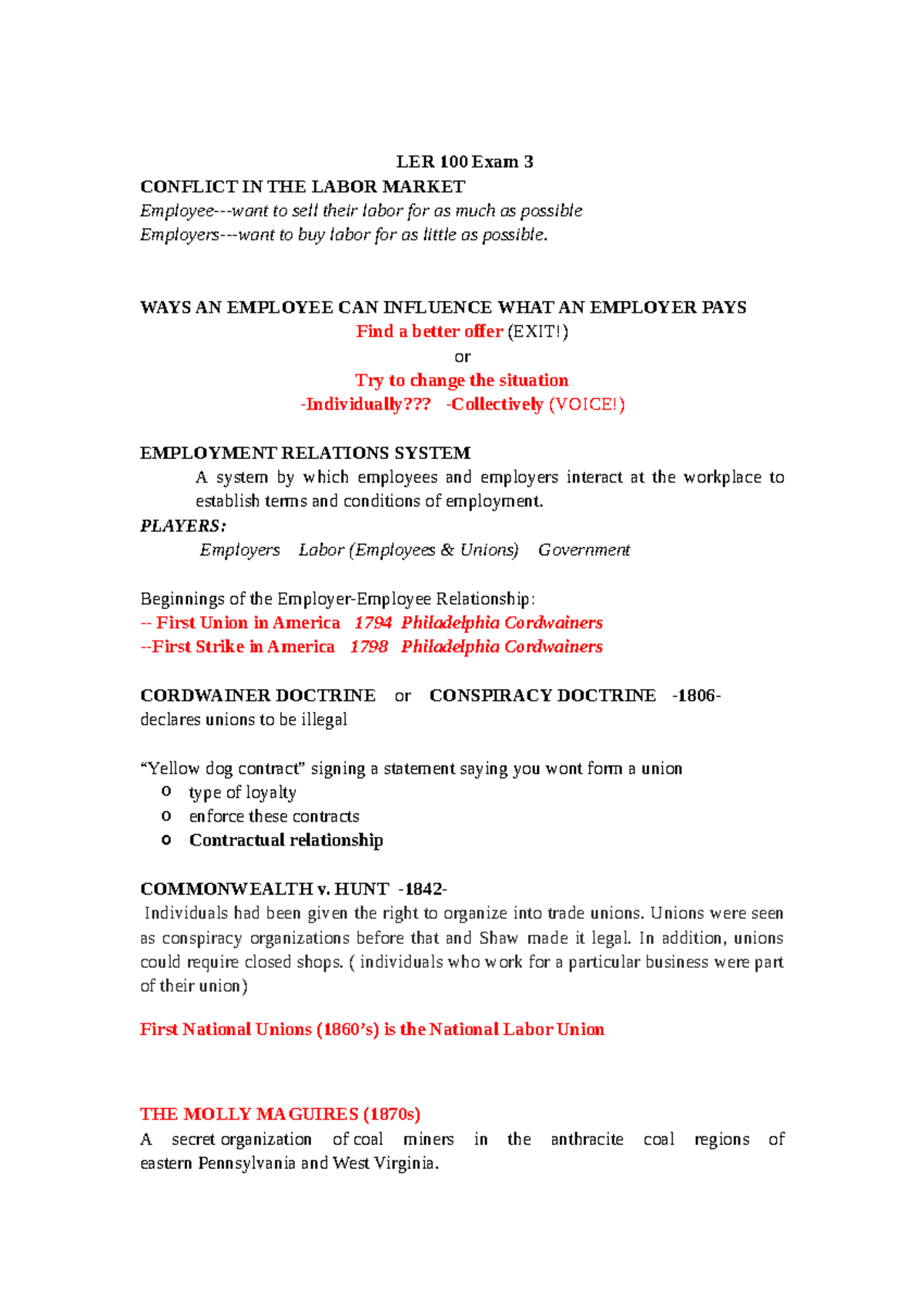 LER Exam 3 notes - LER 100 Exam 3 CONFLICT IN THE LABOR MARKET Employee ...
