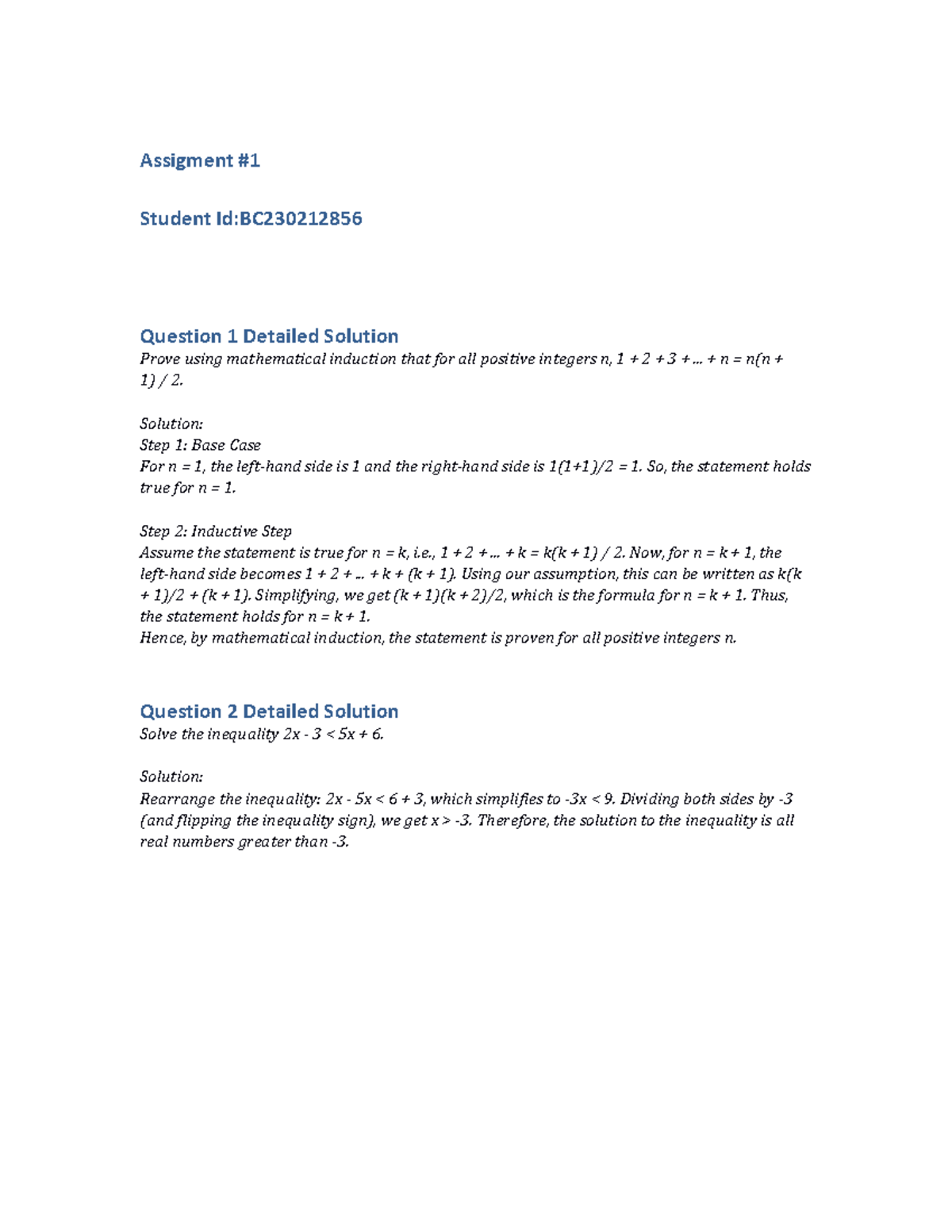 MTH104 Fall2023 Detailed Solution - Assigment Student Id:BC Question 1 ...