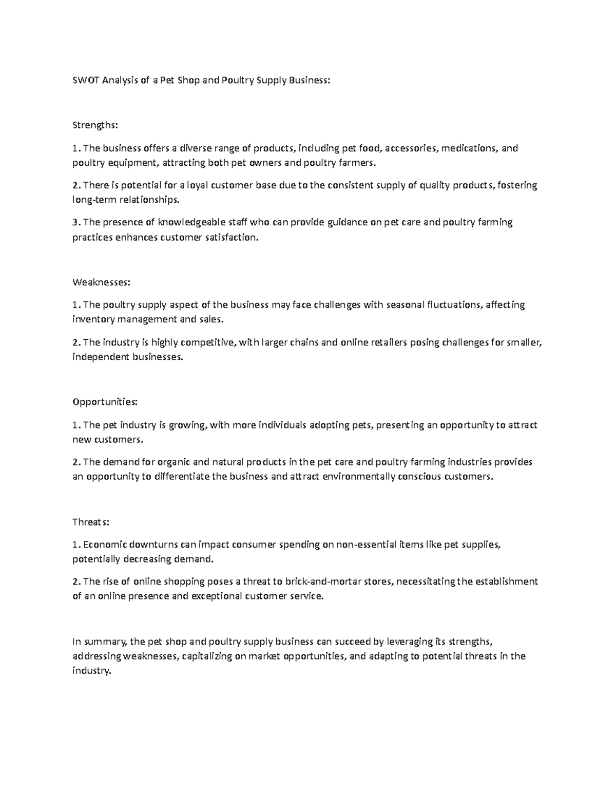 Swots - n/a - SWOT Analysis of a Pet Shop and Poultry Supply Business ...