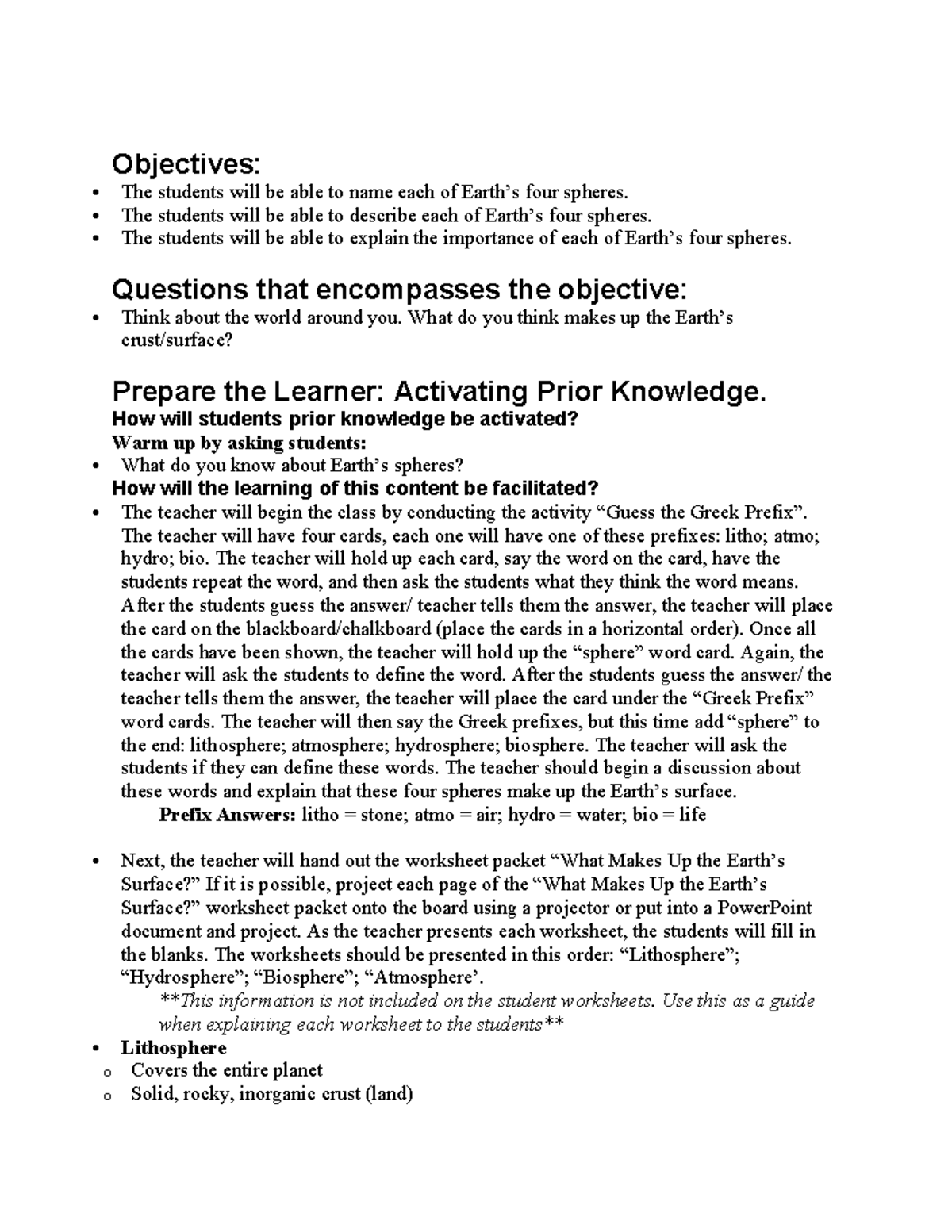 Lesson Plans Four Spheres of earth - Objectives: The students will be ...