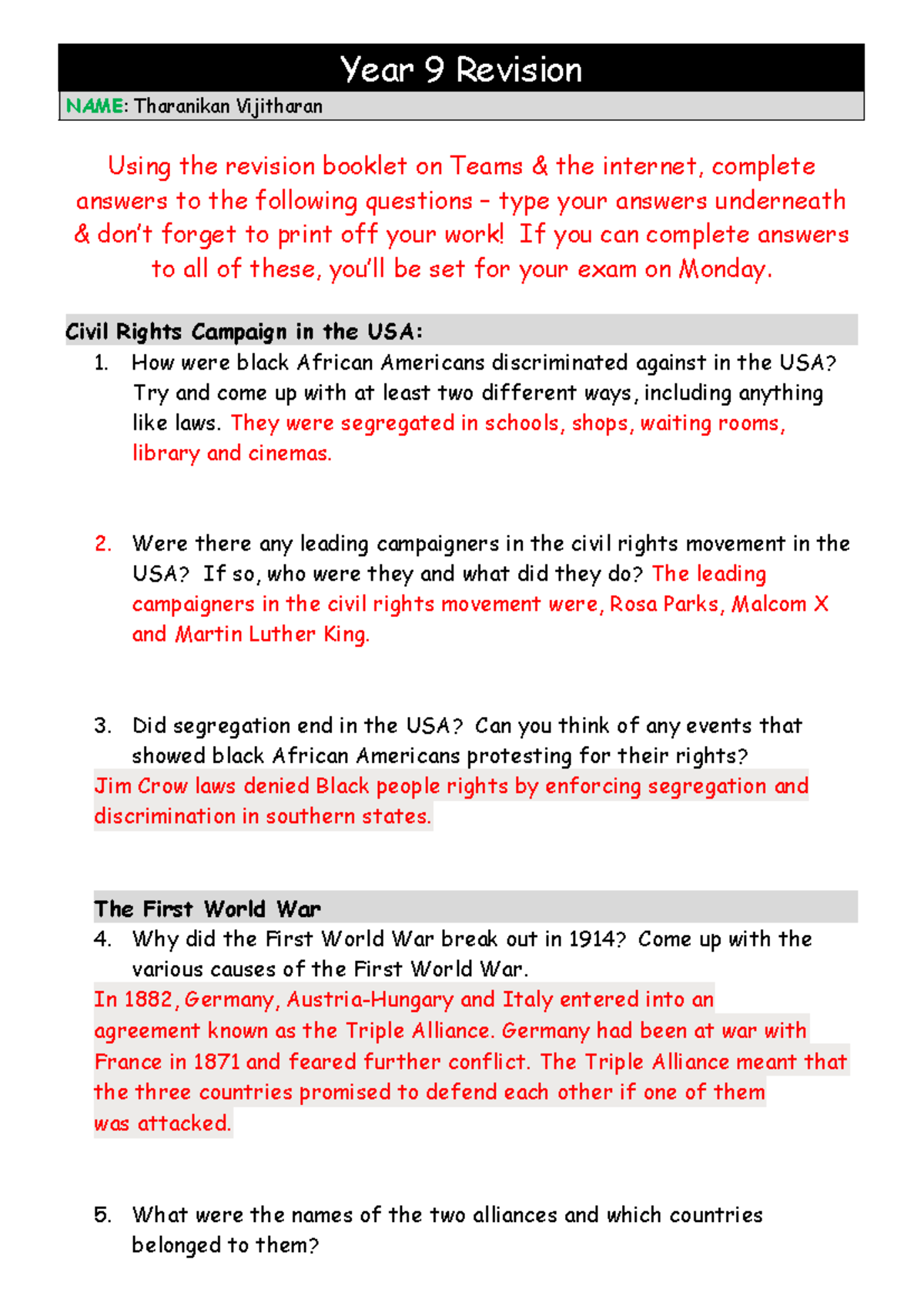 Year 9 Revision Task Sheet 2023 - Year 9 Revision NAME: Tharanikan ...
