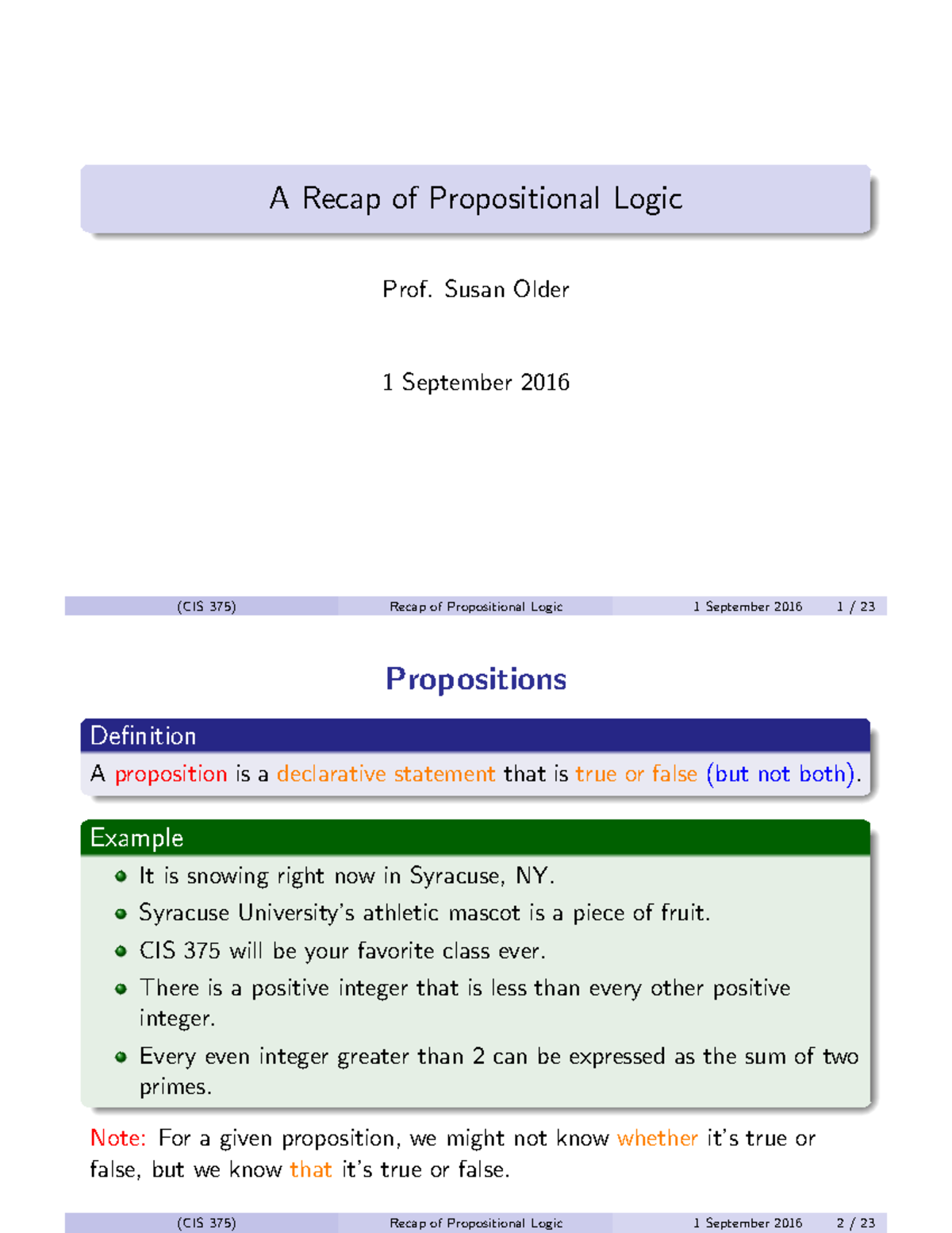 Prop Logic-handouts(1) - A Recap of Propositional Logic Prof. Susan ...