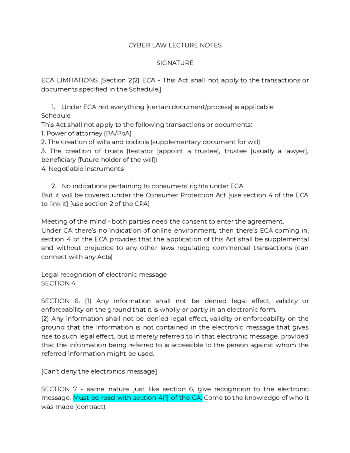 Cyber LAW Lecture Notes - CYBER LAW LECTURE NOTES SIGNATURE ECA ...