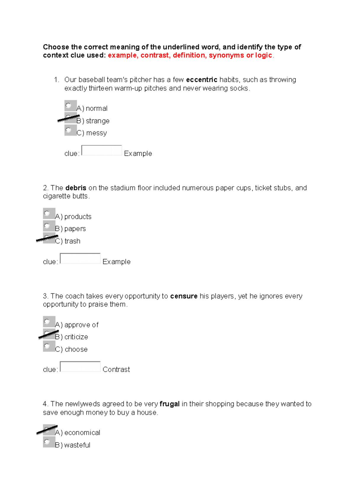 Contextual Clues Exercise Choose The Correct Meaning Of The