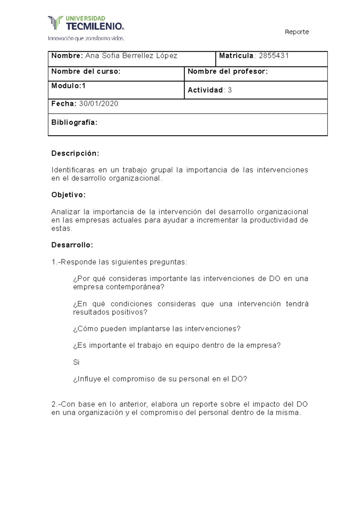 Actividad 3 Talento Y Cultura - Reporte Nombre: Ana Sofia Berrellez ...
