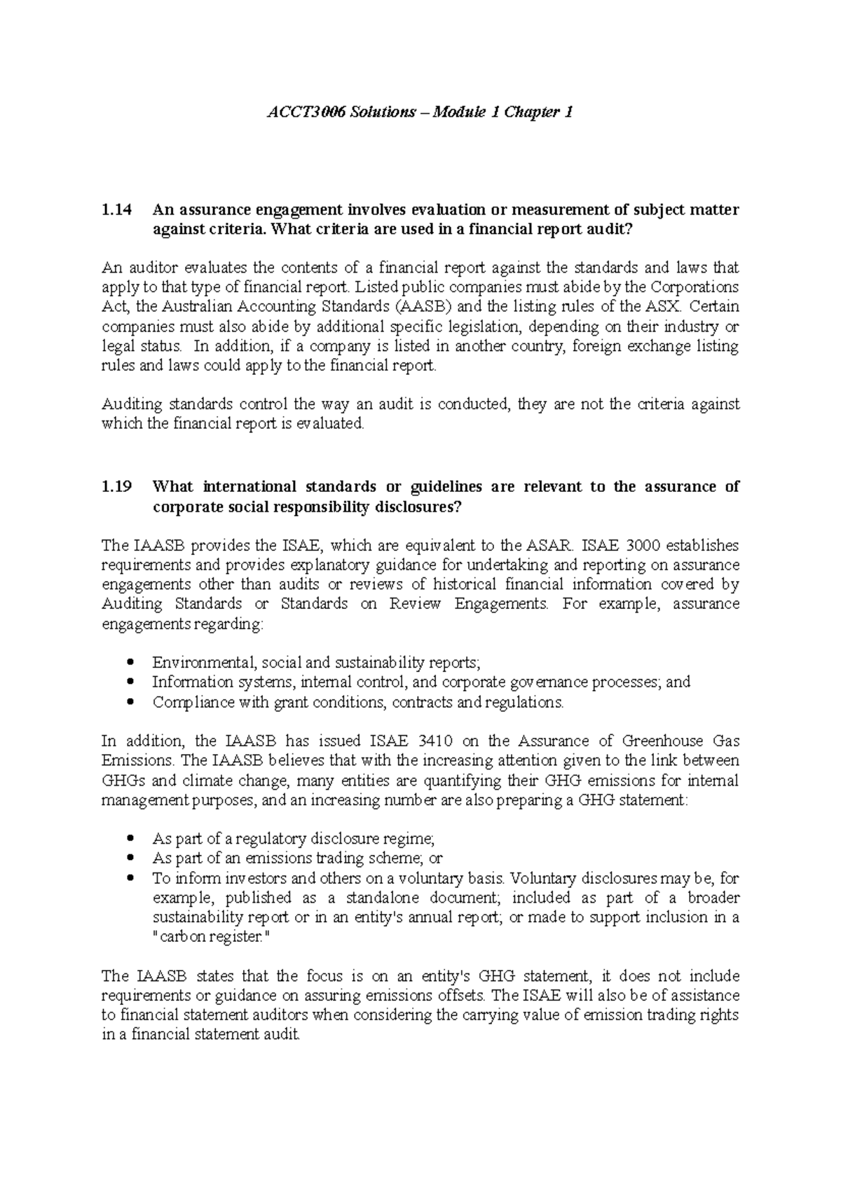 Student Solutions Module 1 - ACCT3006 Solutions – Module 1 Chapter 1 1 An assurance engagement ...