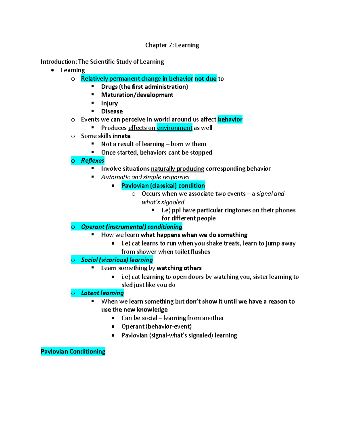 Chapter 7 - Learning - PSY 1101 with Poole TopHat Notes - Chapter 7 ...