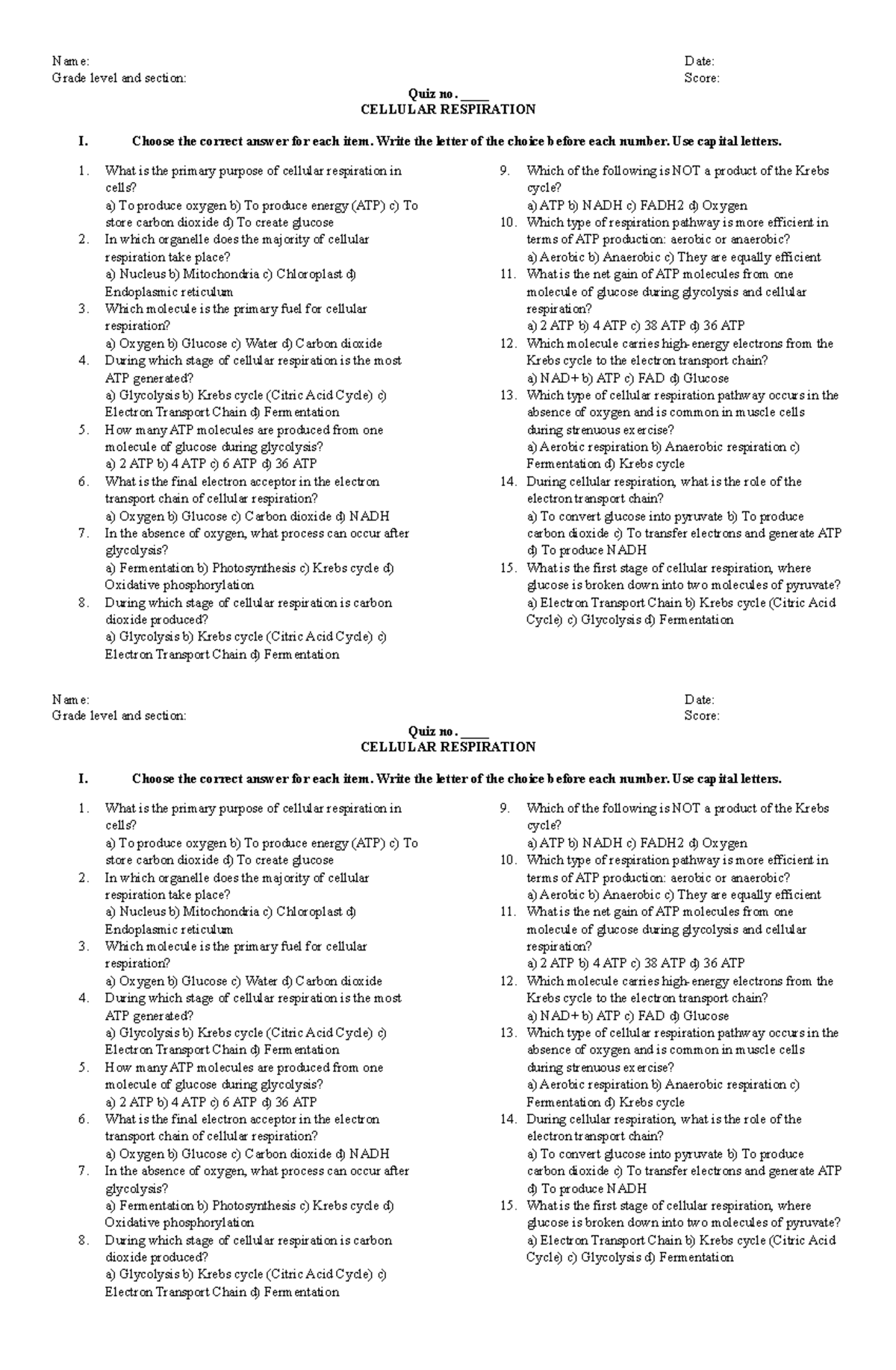 Quiz cellular - Name: Date: Grade level and section: Score: Quiz no ...