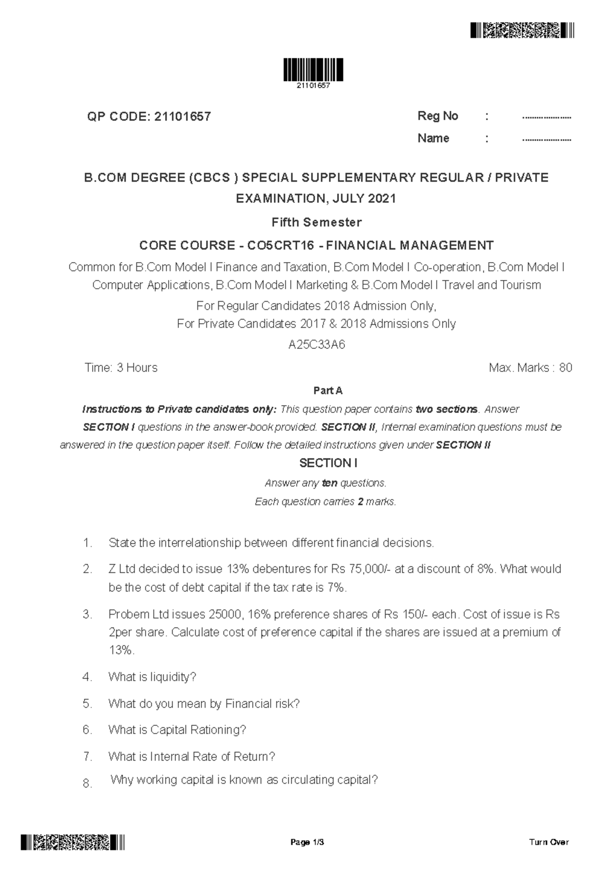 Financial Management JULY 2021 answer key - QP CODE: 21101657 Reg No