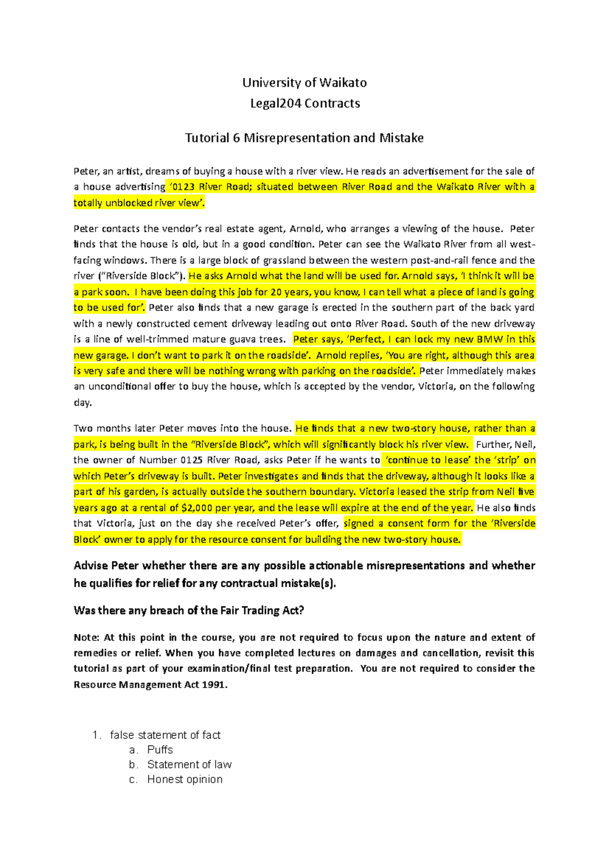 Tutorial 204 mistake and misrepresentation - Contracts - UOW - Studocu