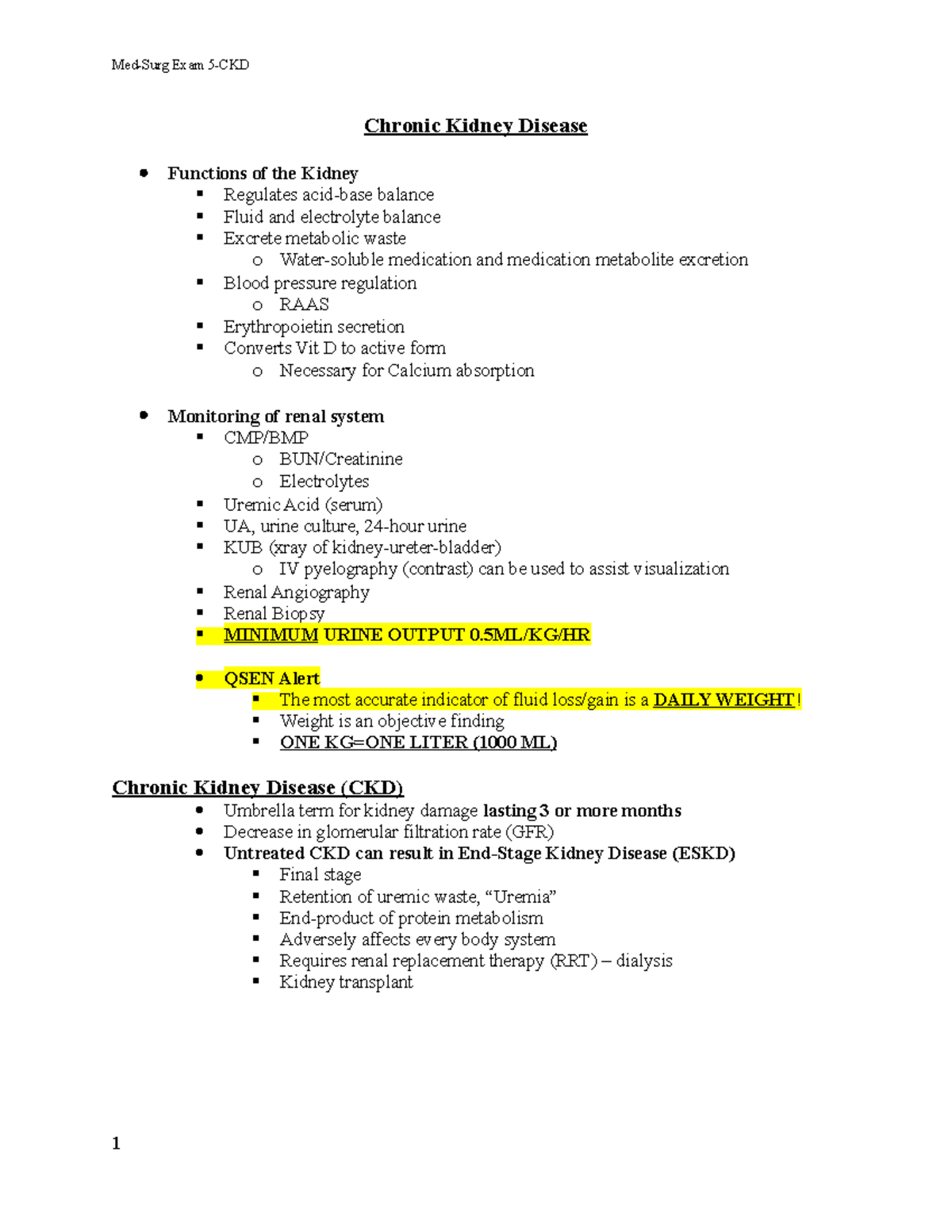 Med Surg CKD - Fall 2022 - Chronic Kidney Disease Functions of the ...