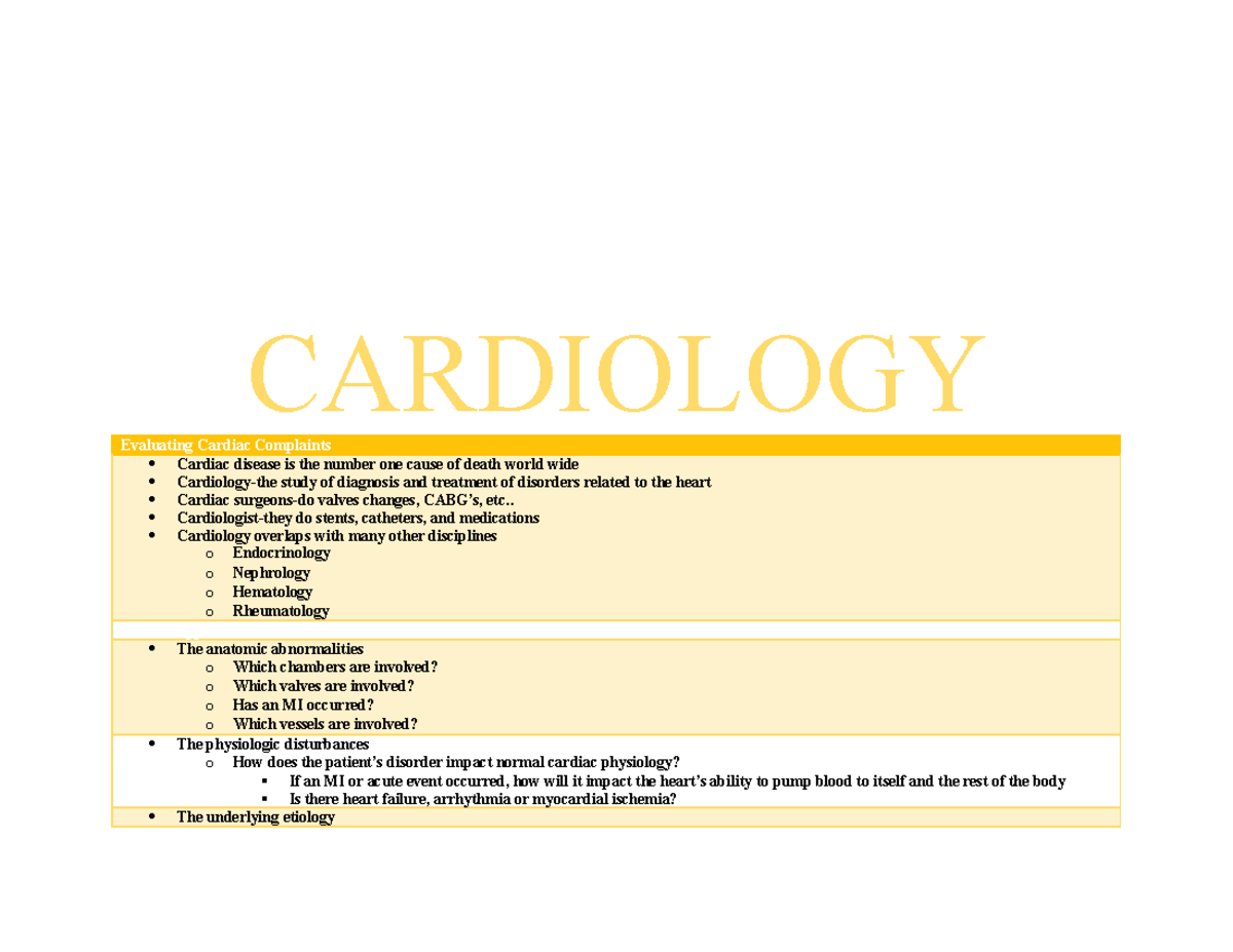 Cardiology Charts - Lecture notes - CARDIOLOGY Evaluating Cardiac ...