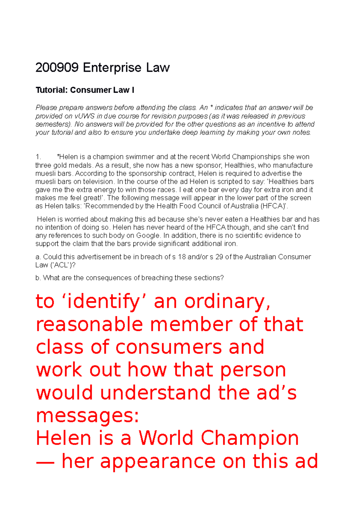 Consumer Law I - law - 200909 Enterprise Law Tutorial: Consumer Law I ...