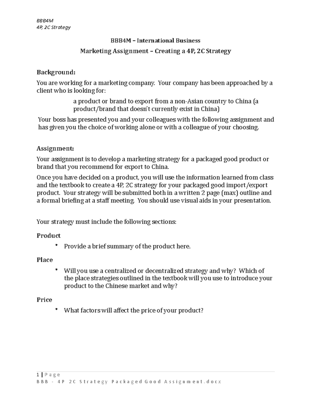 BBB - 4P 2C Strategy Packaged Good Assignment - BBB4M 4P, 2C Strategy ...