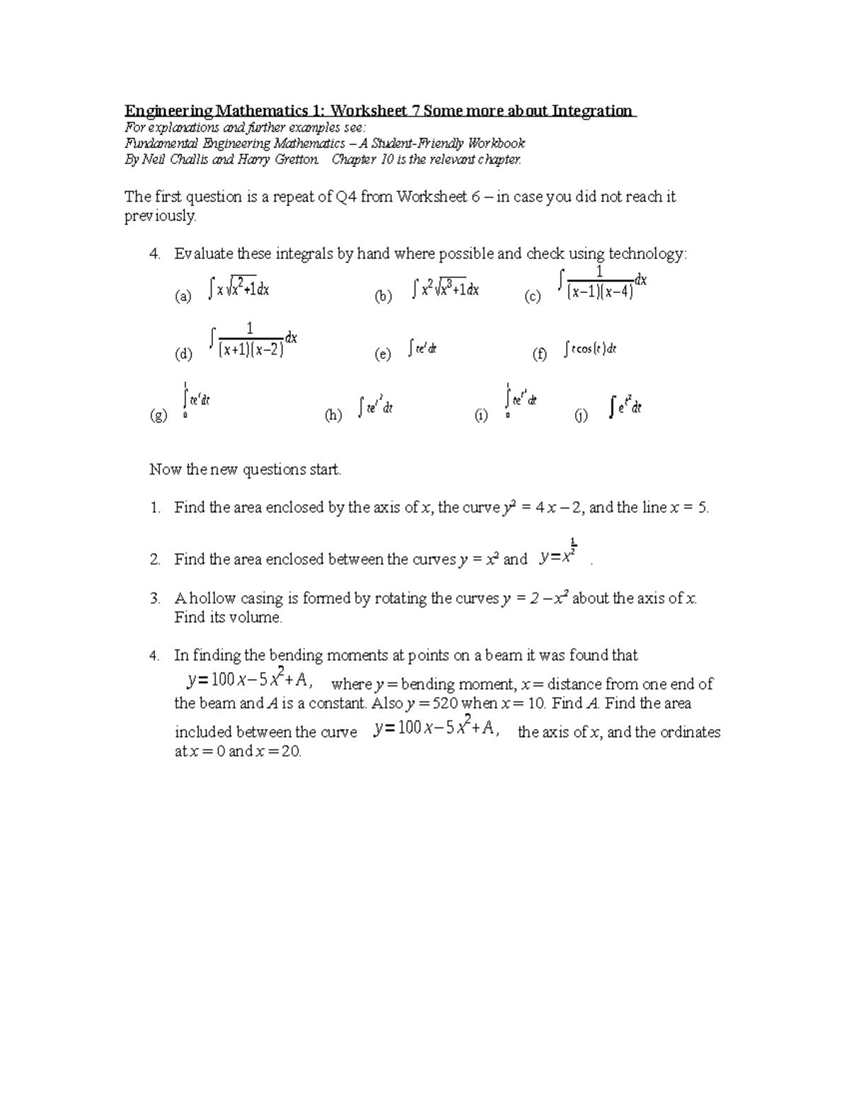 Worksheet 7 - tutorial 7 - Engineering Mathematics 1: Worksheet 7 Some ...