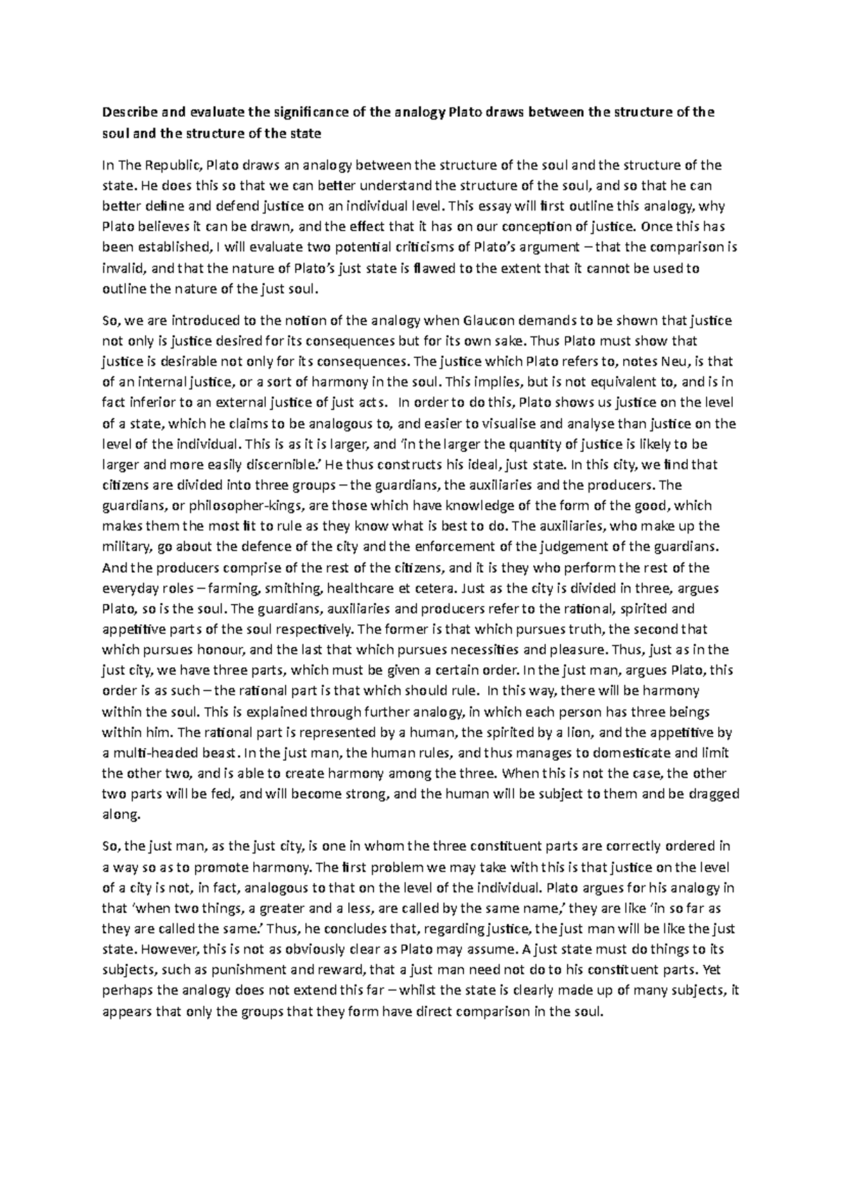 Plato essay - Grade: 1st - Describe and evaluate the significance of ...