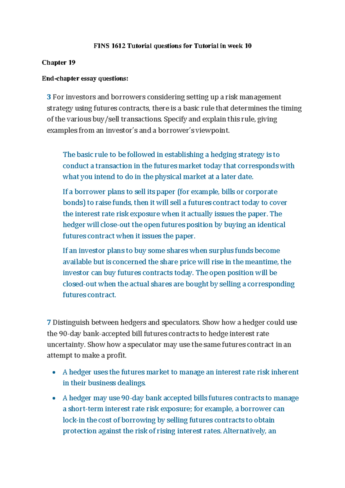 Homework questions for tutorial in week 10 with solution - FINS 1612 Tutorial questions for ...
