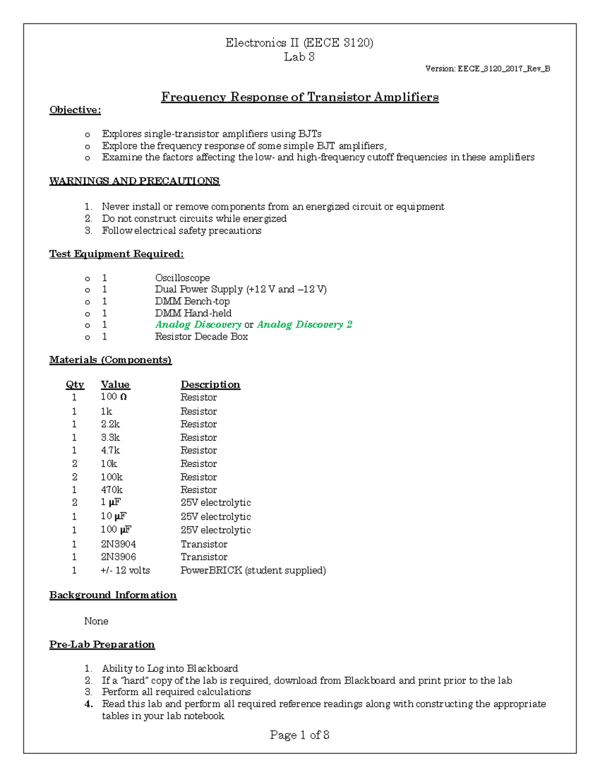 EECE 3120 Lab 03 - Lab Procedure for EECE.3120 Lab 3, frequency response of transistor ...