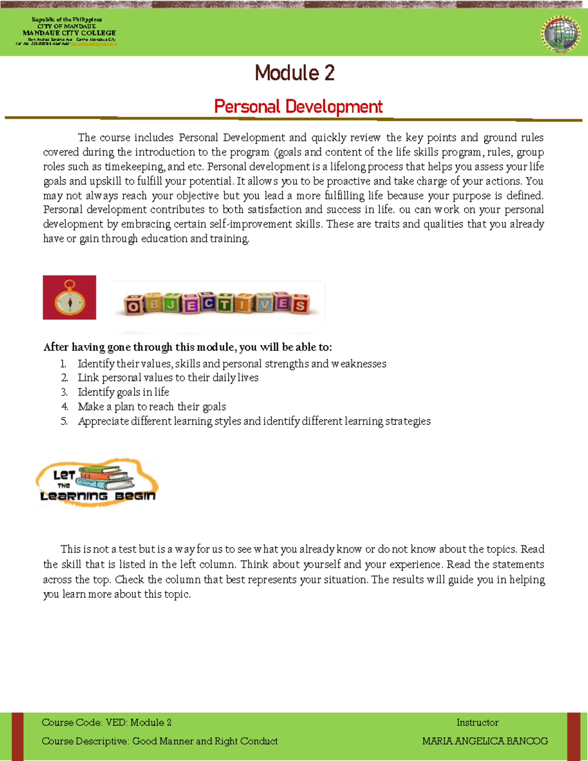 Values Module 2: Personal Development - Course Code: VED: Module 2 ...