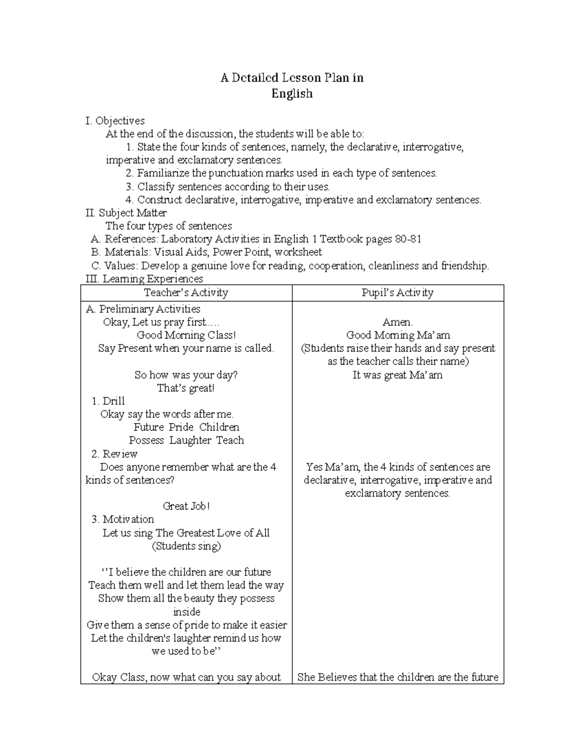 A Detailed Lesson Plan in English - Objectives At the end of the ...