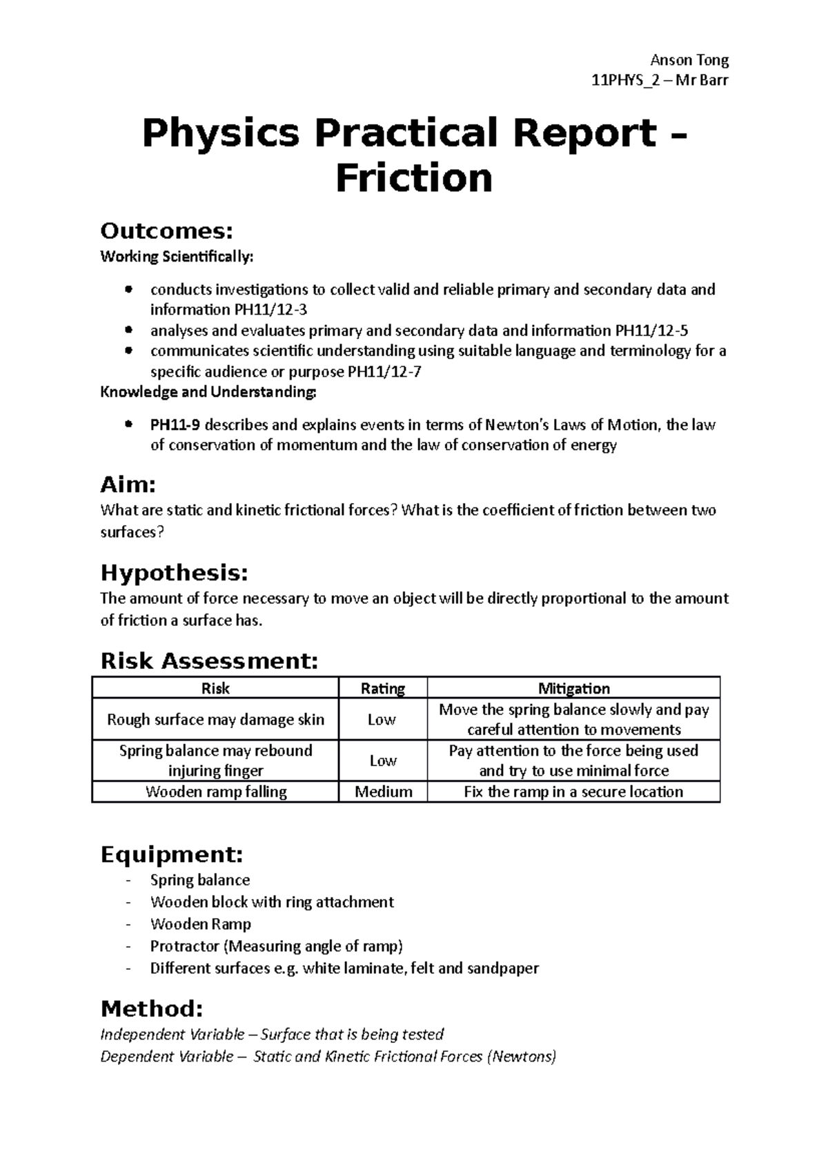 Friction Prac - 11PHYS_2 – Mr Barr Physics Practical Report – Friction ...