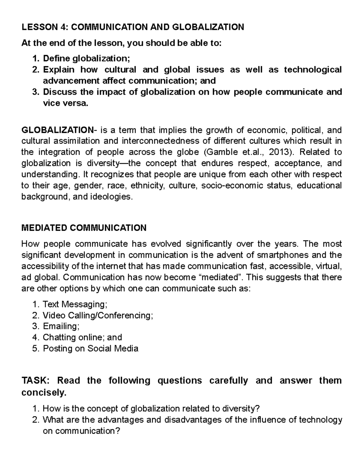 Lesson 4 Communication AND Globalization - LESSON 4: COMMUNICATION AND ...