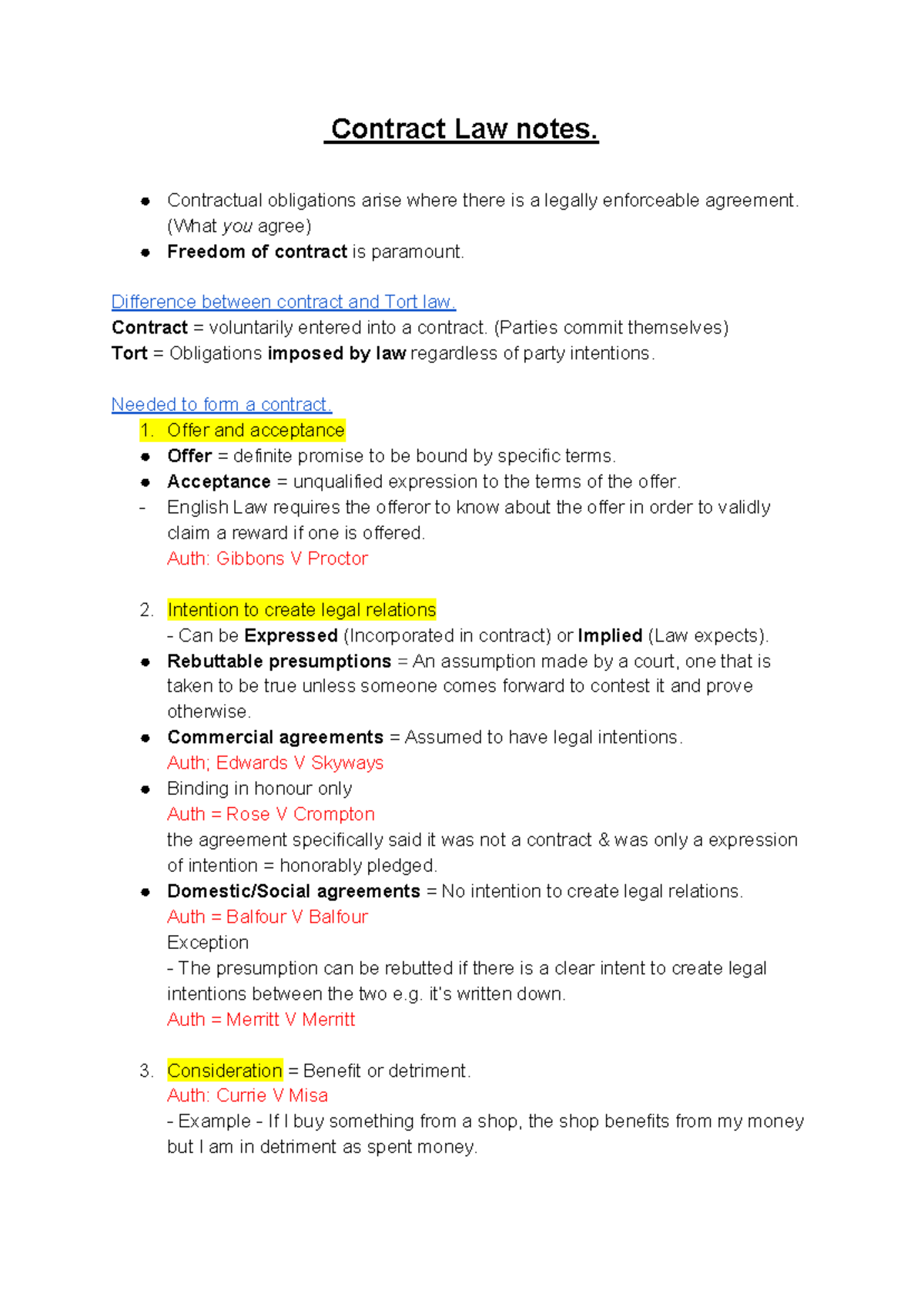 Contract notes LLB - Contract Law notes. Contractual obligations arise ...