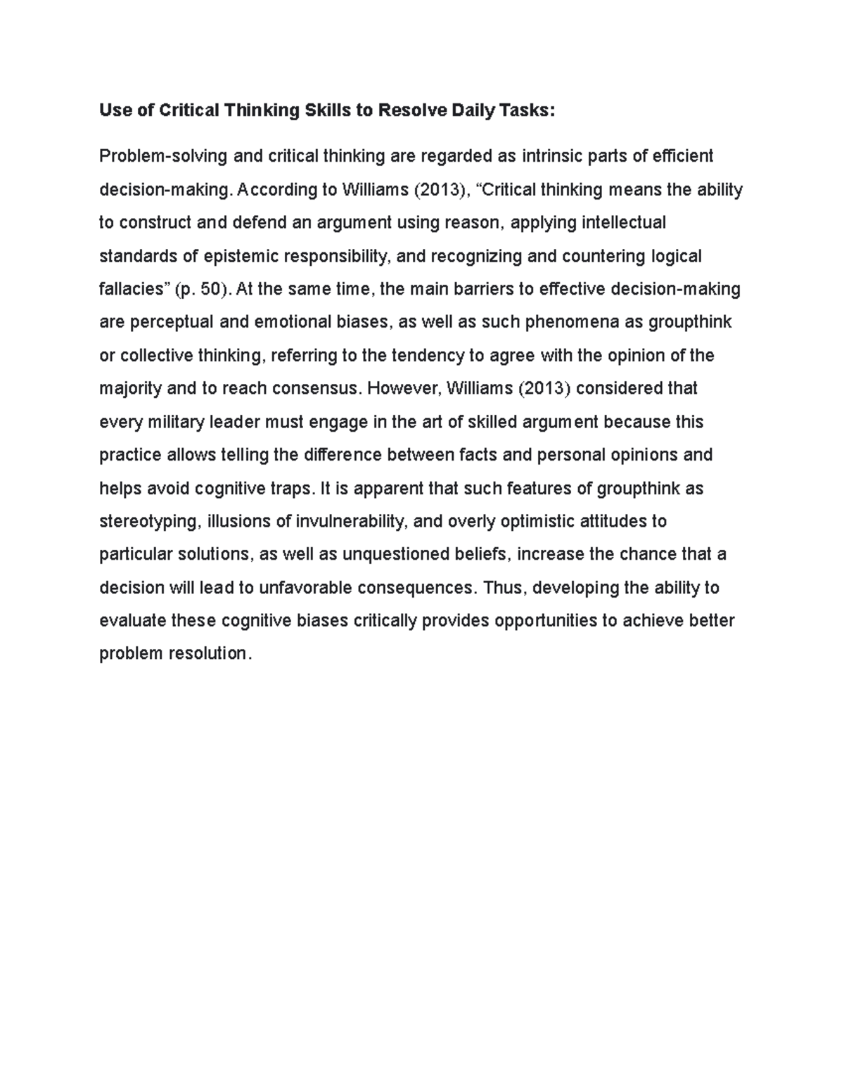 Use of Critical Thinking Skills to Resolve Daily Tasks - Use of ...