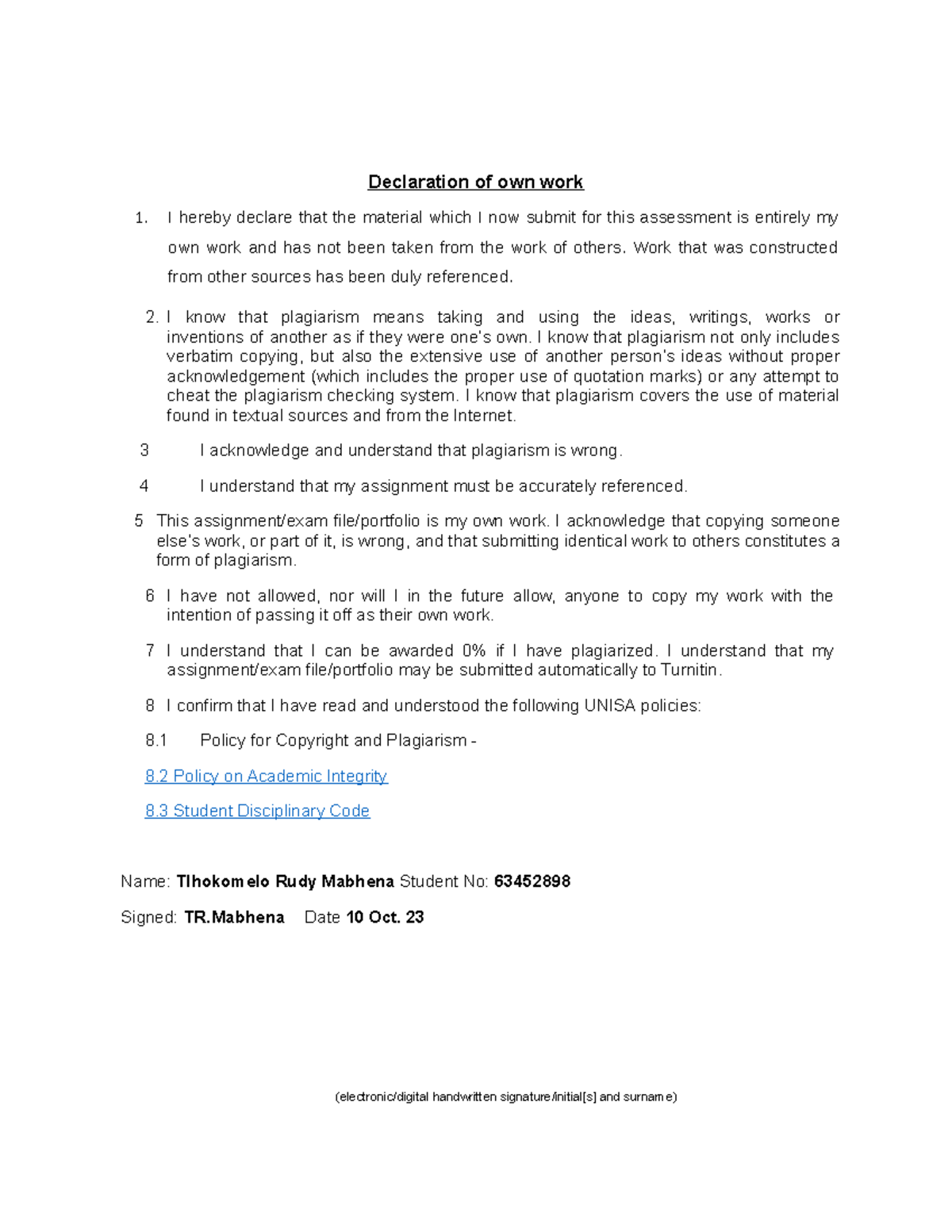 2023 FLOW Process Chart - Declaration of own work I hereby declare that ...