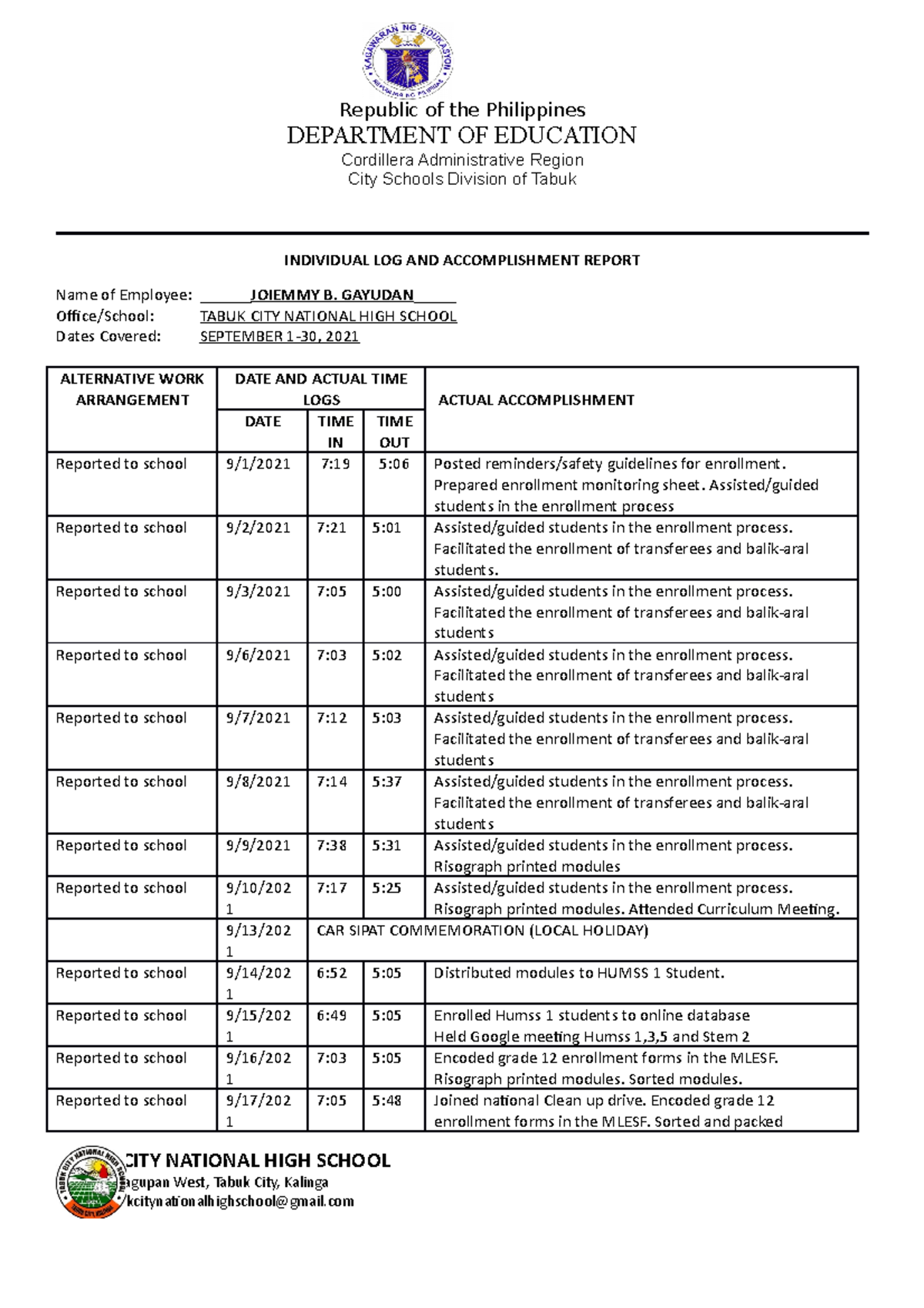 Individual-LOG- Accomplishment- Report SEPT - DEPARTMENT OF EDUCATION ...