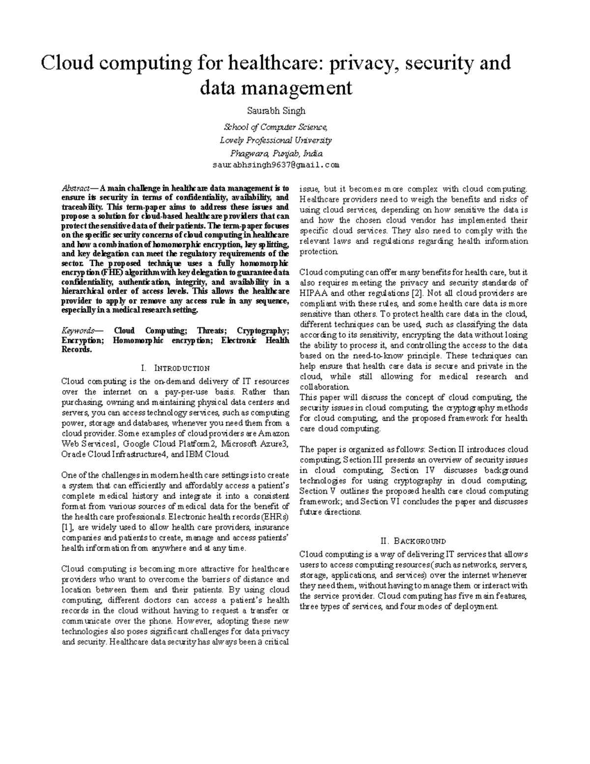 Term Paper on cloud computing for healthcare: privacy, security and ...