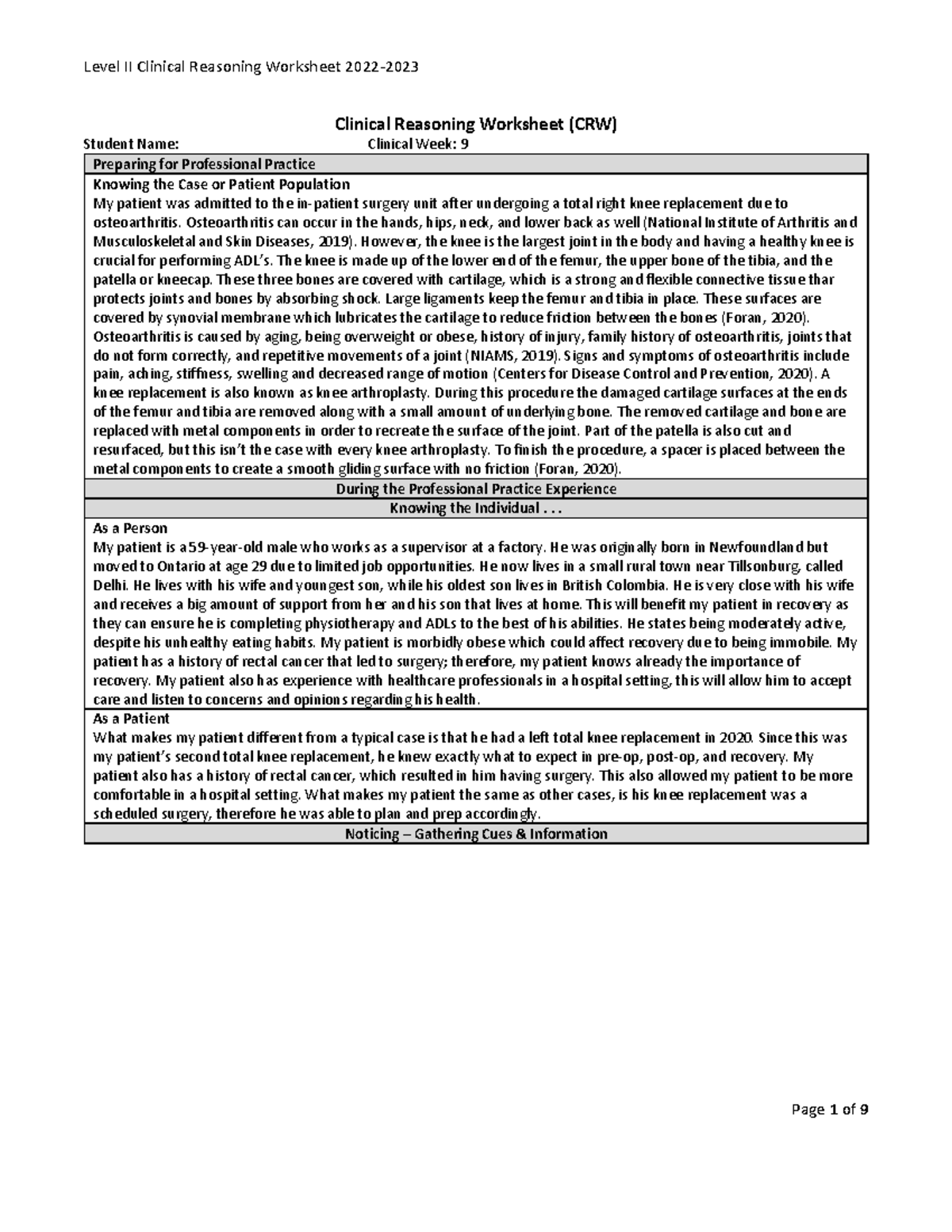 CRW - Clinical Reasoning Worksheet - Clinical Reasoning Worksheet (CRW ...