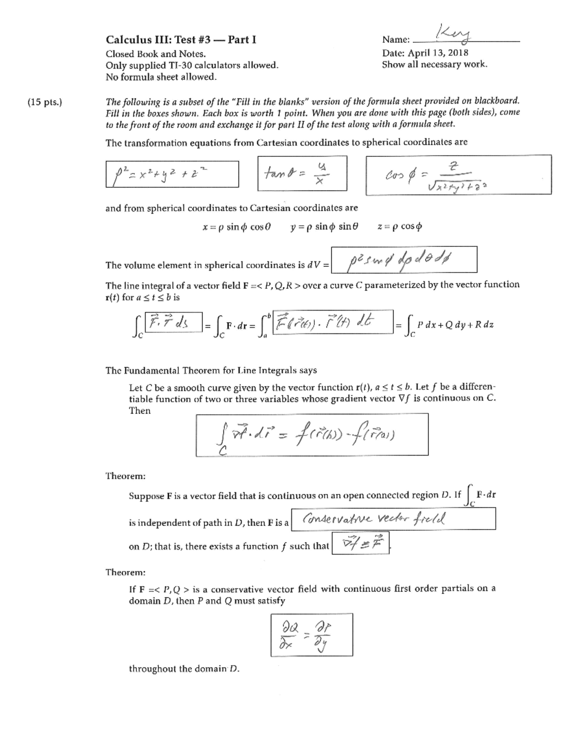 Test3key - Exam Key - (15 pts.) Calculus Test Part I Name: Vv Closed ...