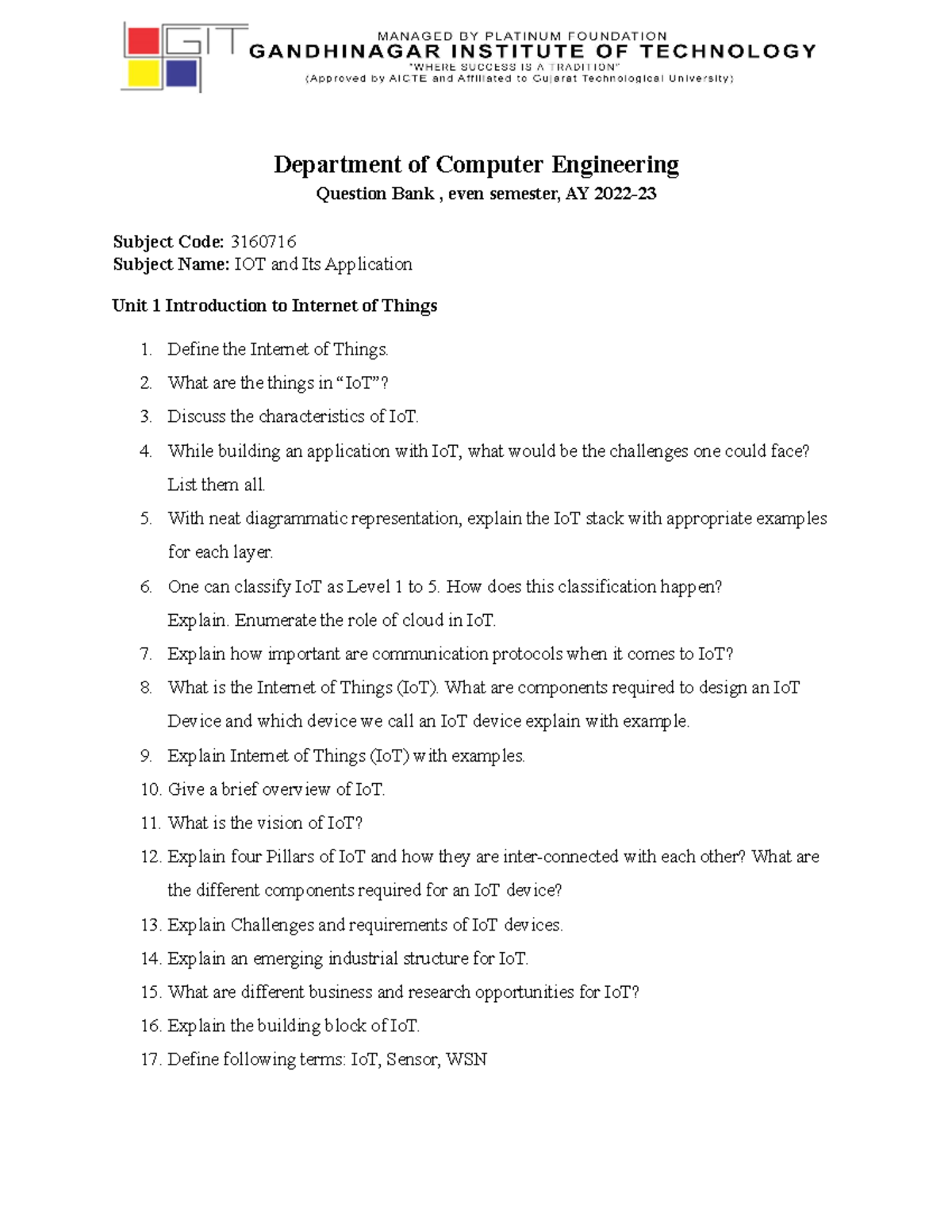 Iot qb - iot - Department of Computer Engineering Question Bank , even ... Iot qb - iot - Department of Computer Engineering Question Bank , even ...