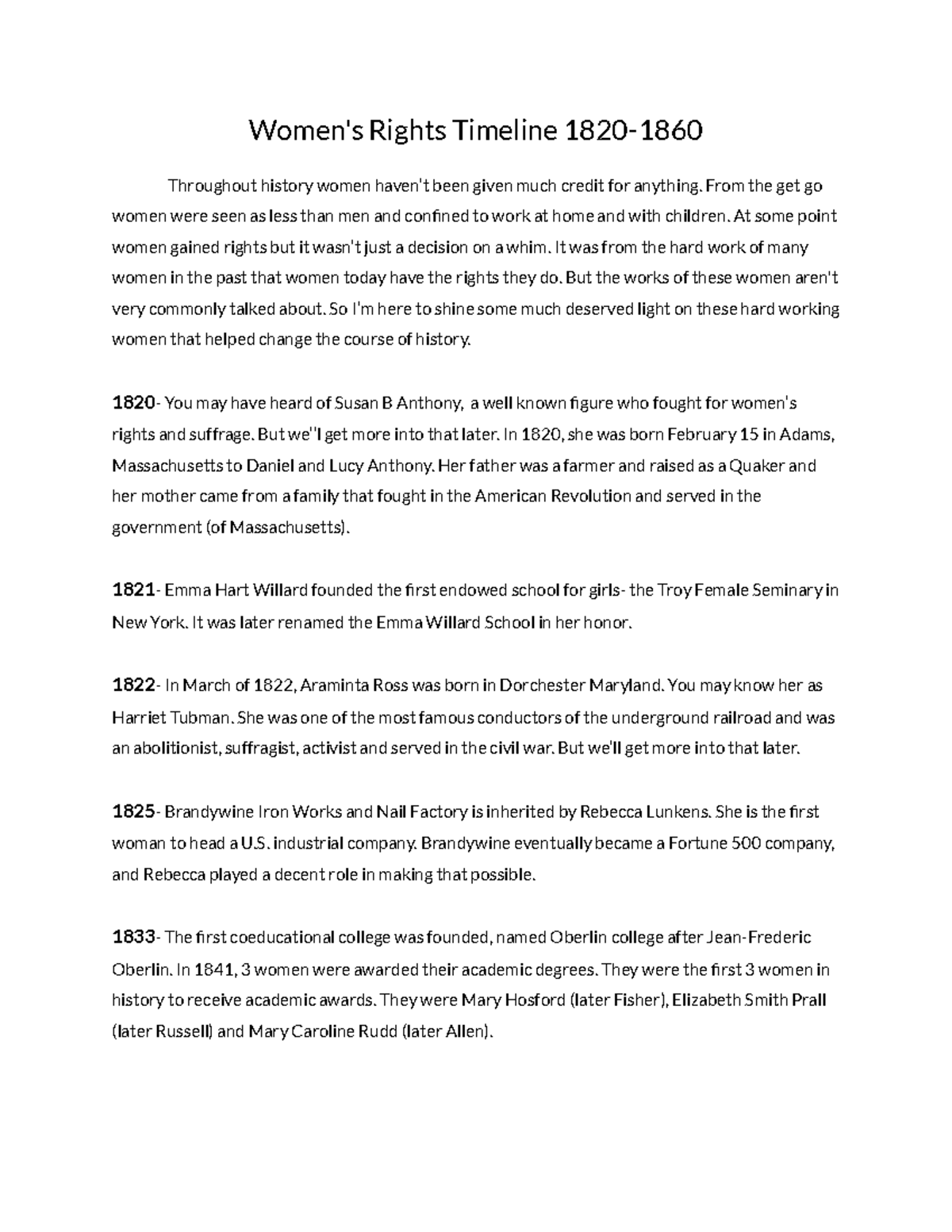 History Paper #2 Timeline - Women's Rights Timeline 1820- Throughout ...