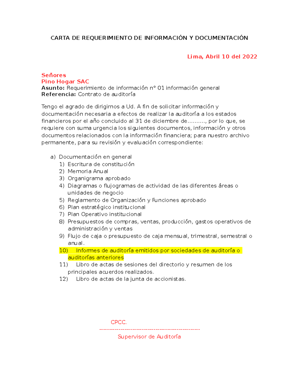 6 Carta DE Requerimientos DE Documentación E Información - CARTA DE REQUERIMIENTO DE INFORMACIÓN ...