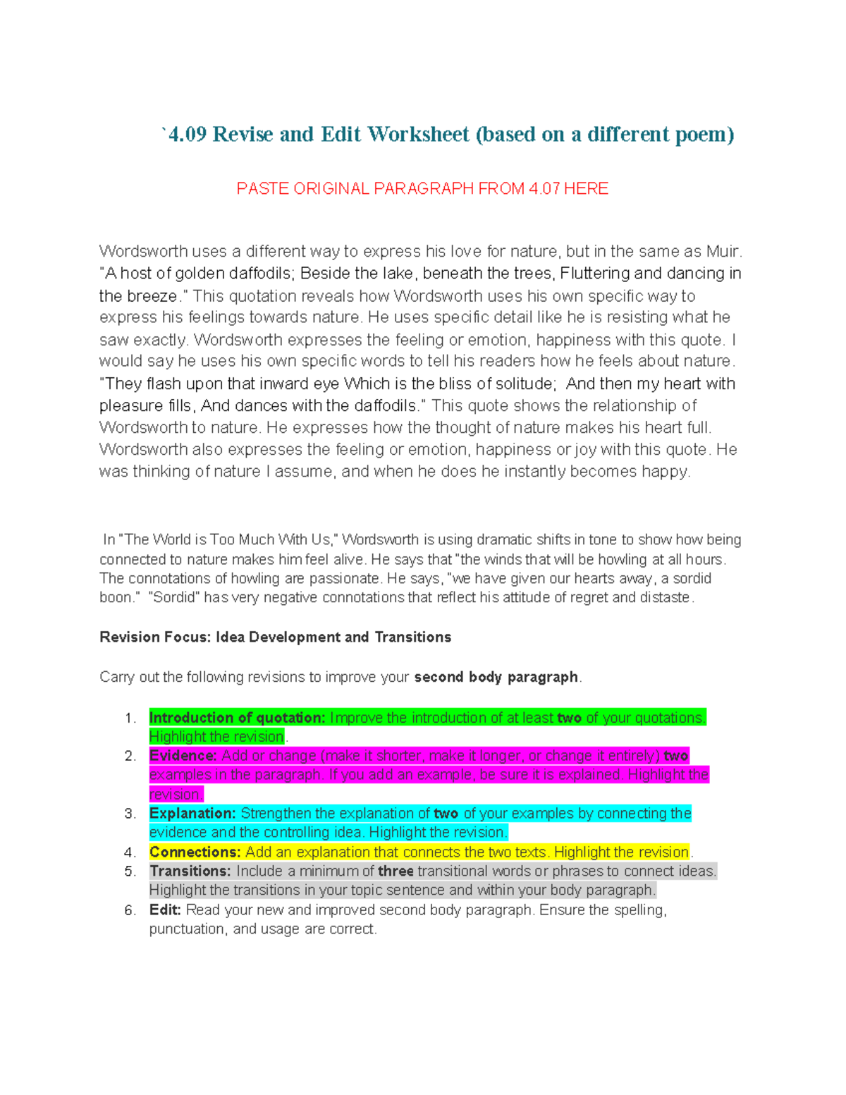 04 09 English 1 - `4 Revise and Edit Worksheet (based on a different ...