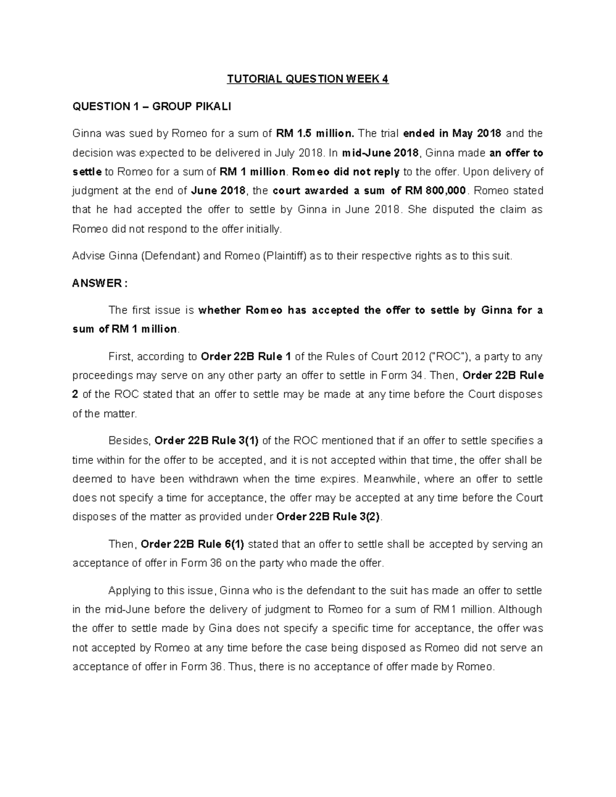 Offer To Settle - TUTORIAL QUESTION WEEK 4 QUESTION 1 – GROUP PIKALI ...