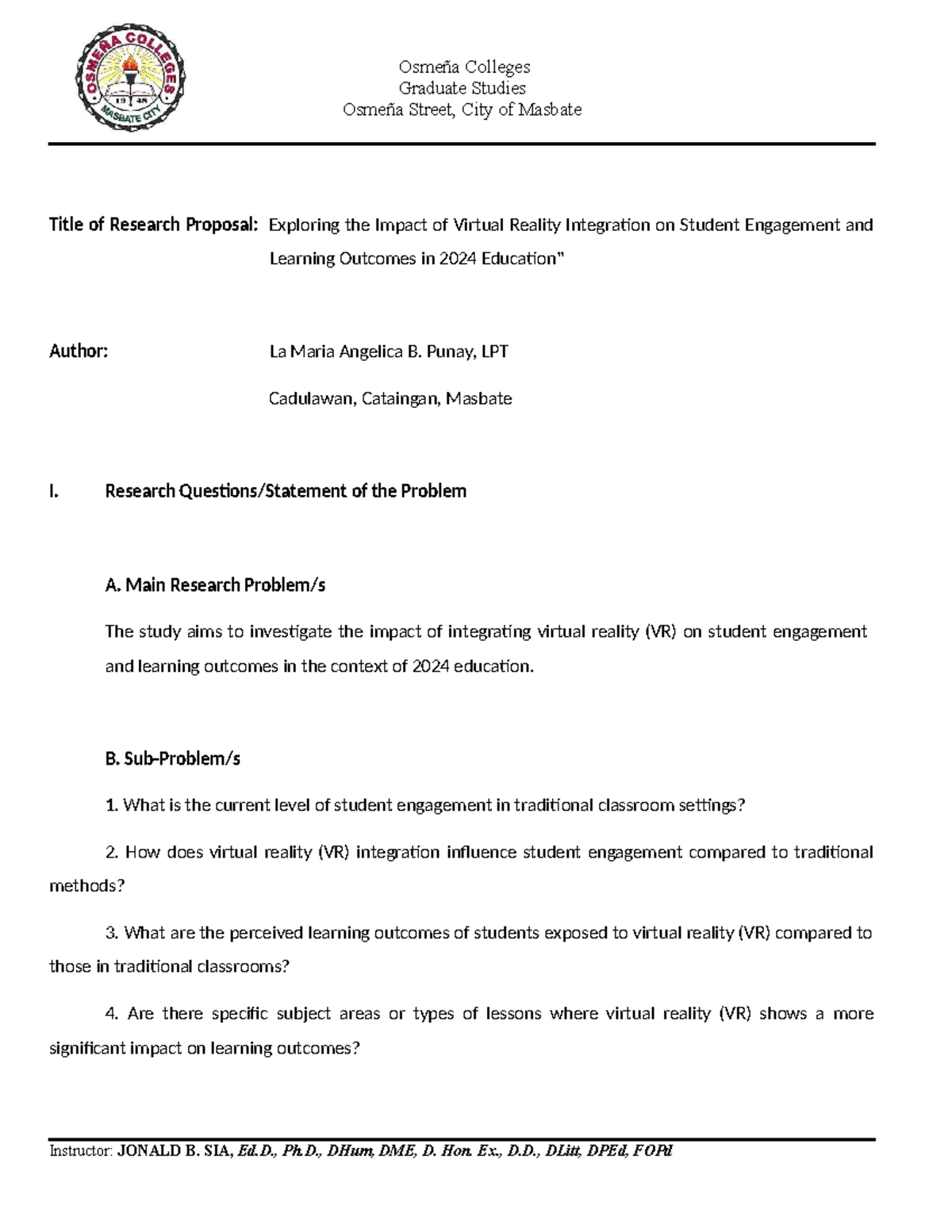 Research Proposal Virtual Reality in the classroom - Graduate Studies Osmeña Street, City of ...