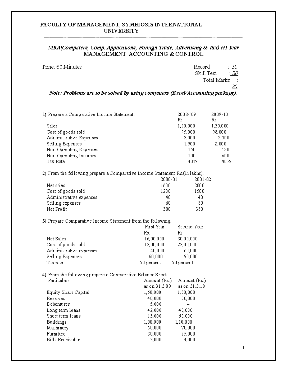 Management Accounting 1- Assignment - FACULTY OF MANAGEMENT, SYMBIOSIS ...