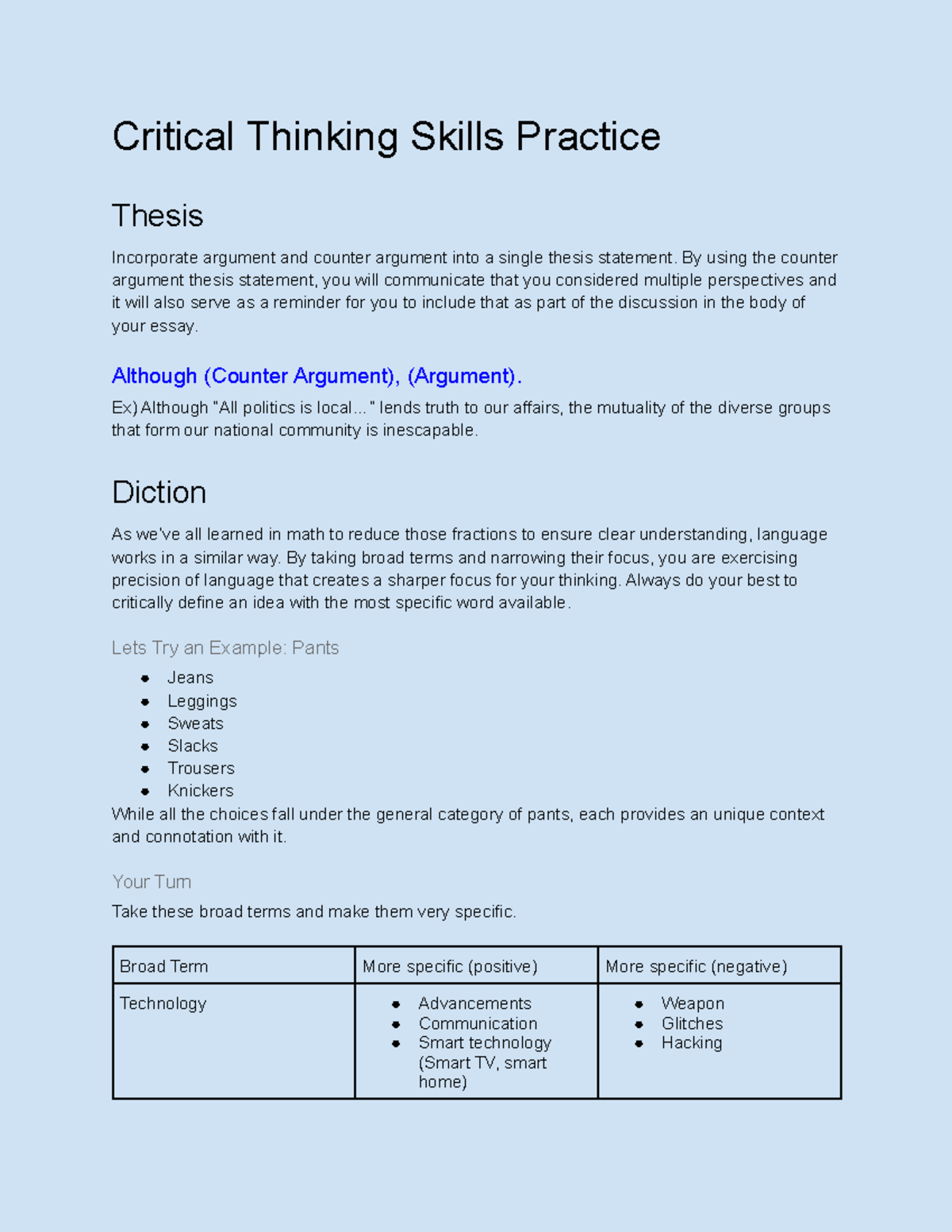 AP Critical Thinking Skills Practice - Critical Thinking Skills ...