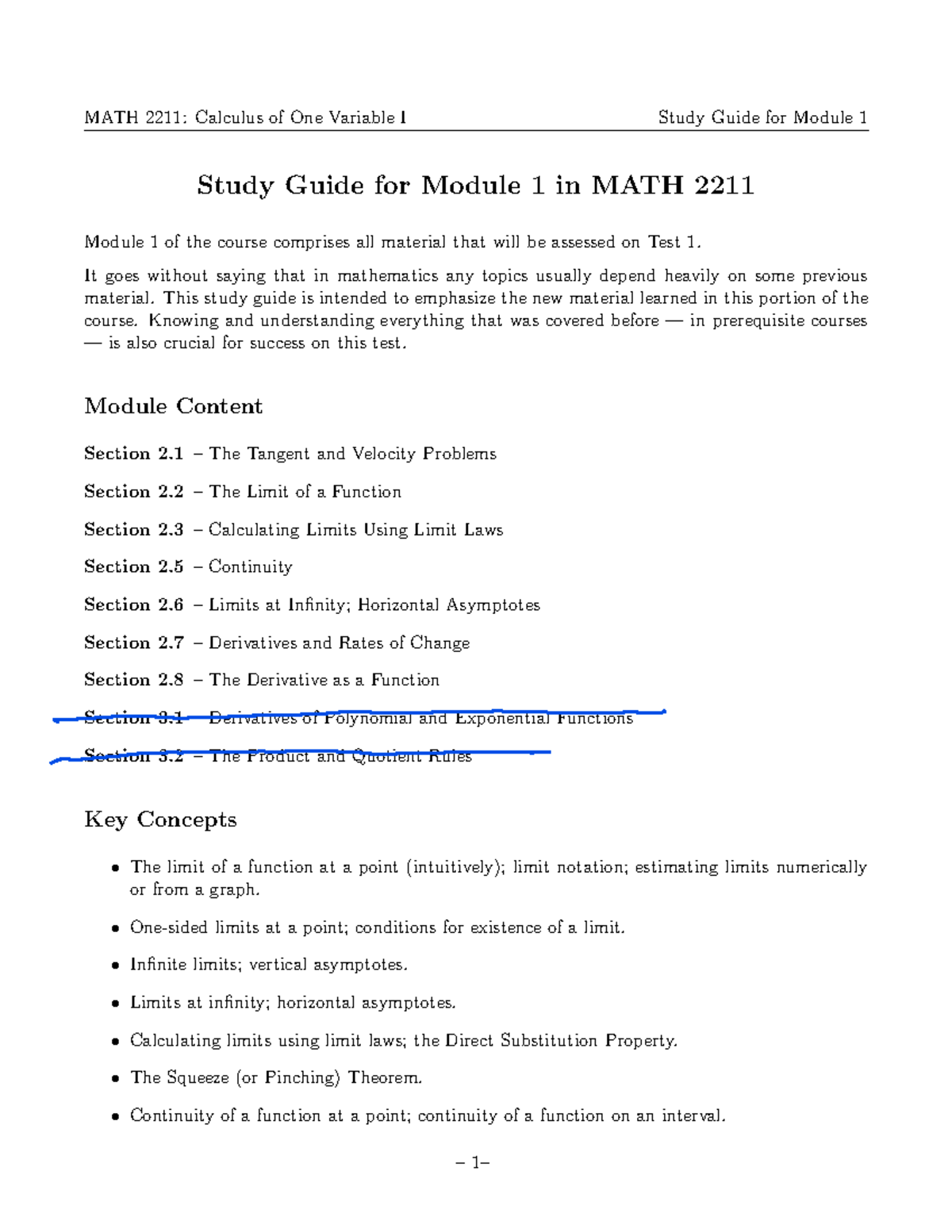 Test 1 Study Guide 1 - Summary Calculus I - Study Guide for Module 1 in ...